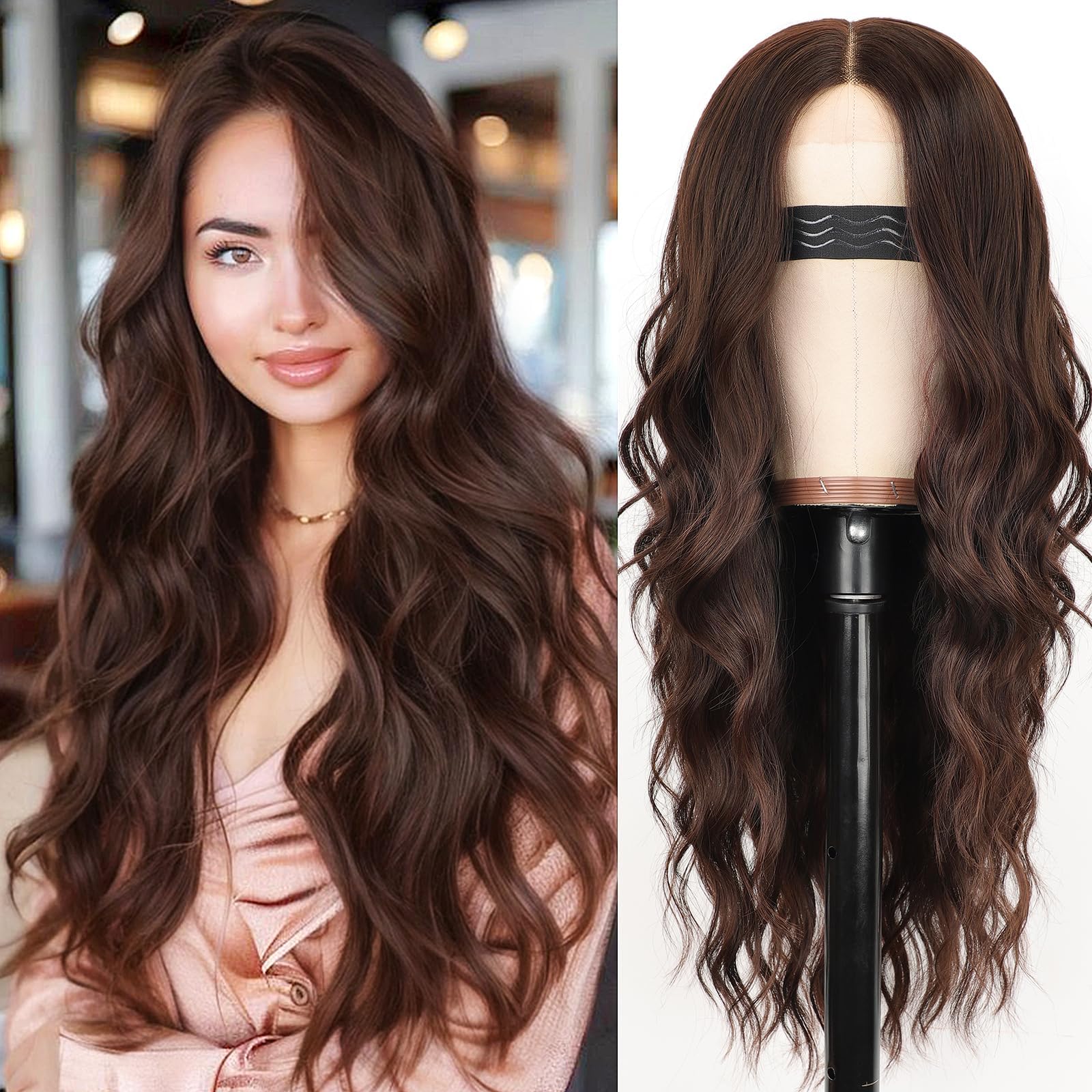 Amazon.com : Nnzes Long Brown Wavy Wig for Women Middle Part Curly Wigs ...