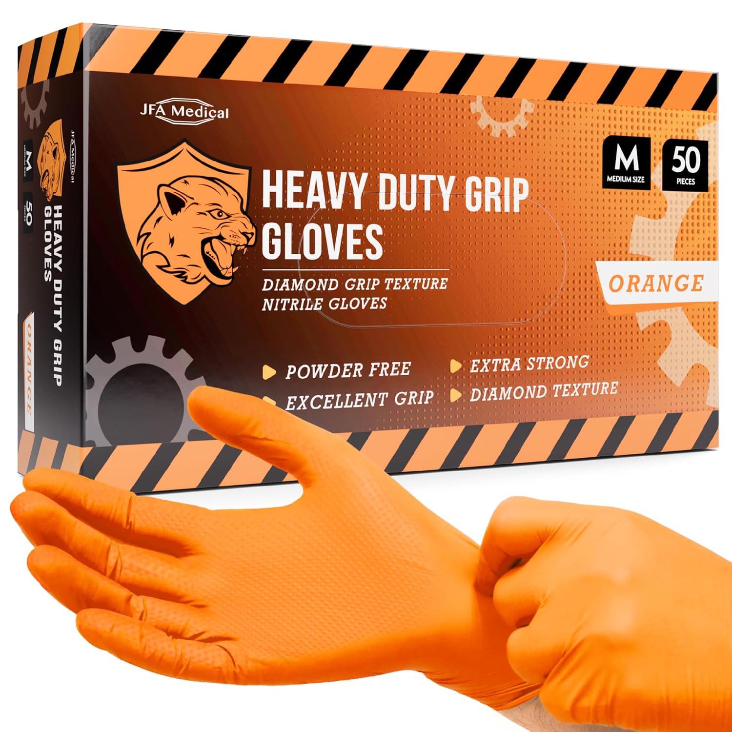 JFA Medical Disposable Heavy Duty Mechanic Powder Free Latex Free Orange Diamond Grip Nitrile ...