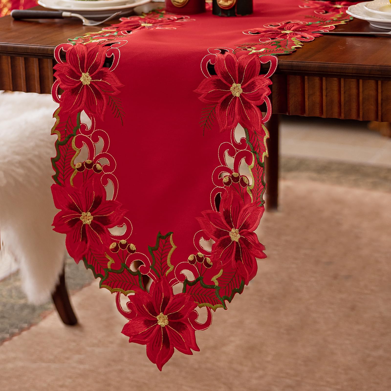 Amazon.com: Joyfol Day Christmas Embroidered Red Table Runner 14 x 59 ...