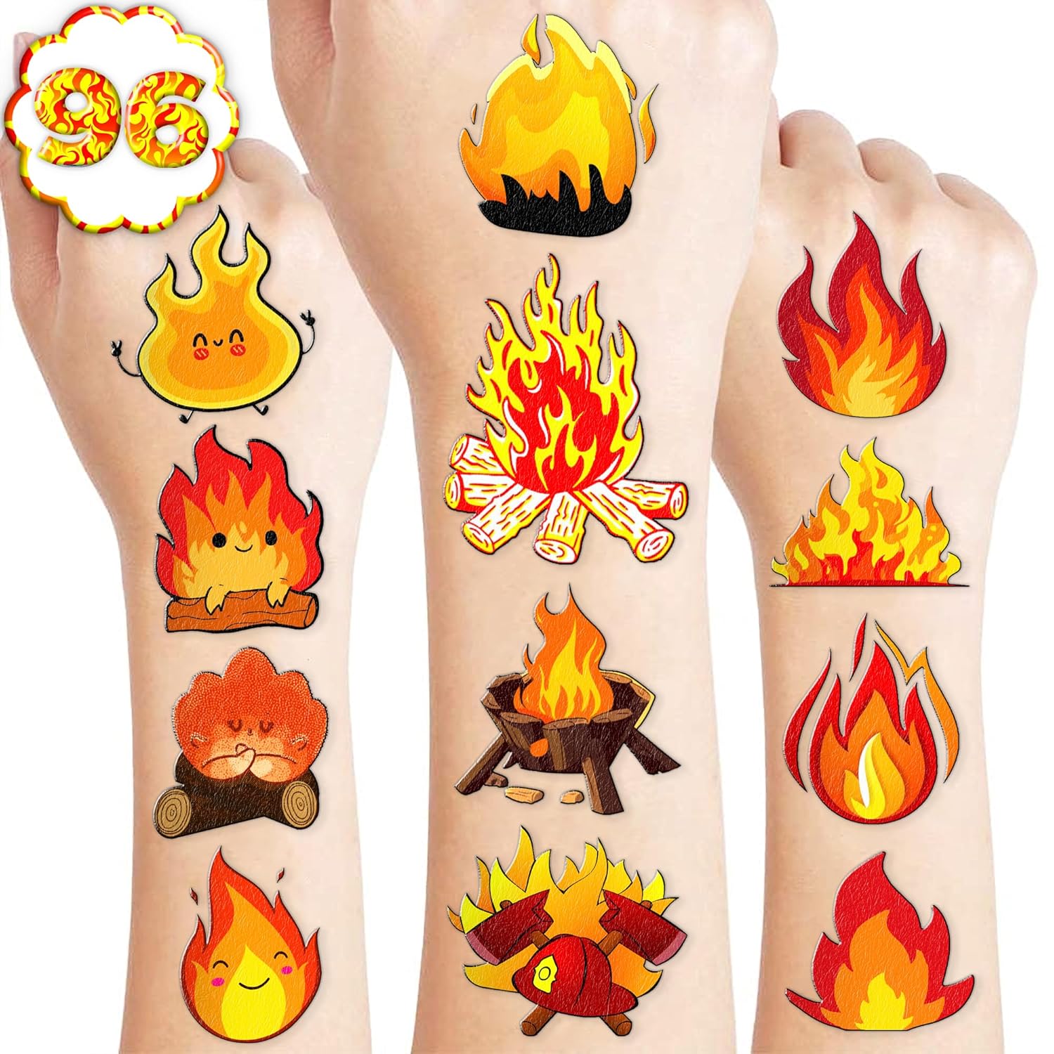 Amazon.com : 96 PCS Fire Campfire Pre–Cut Temporary Tattoos Birthday ...