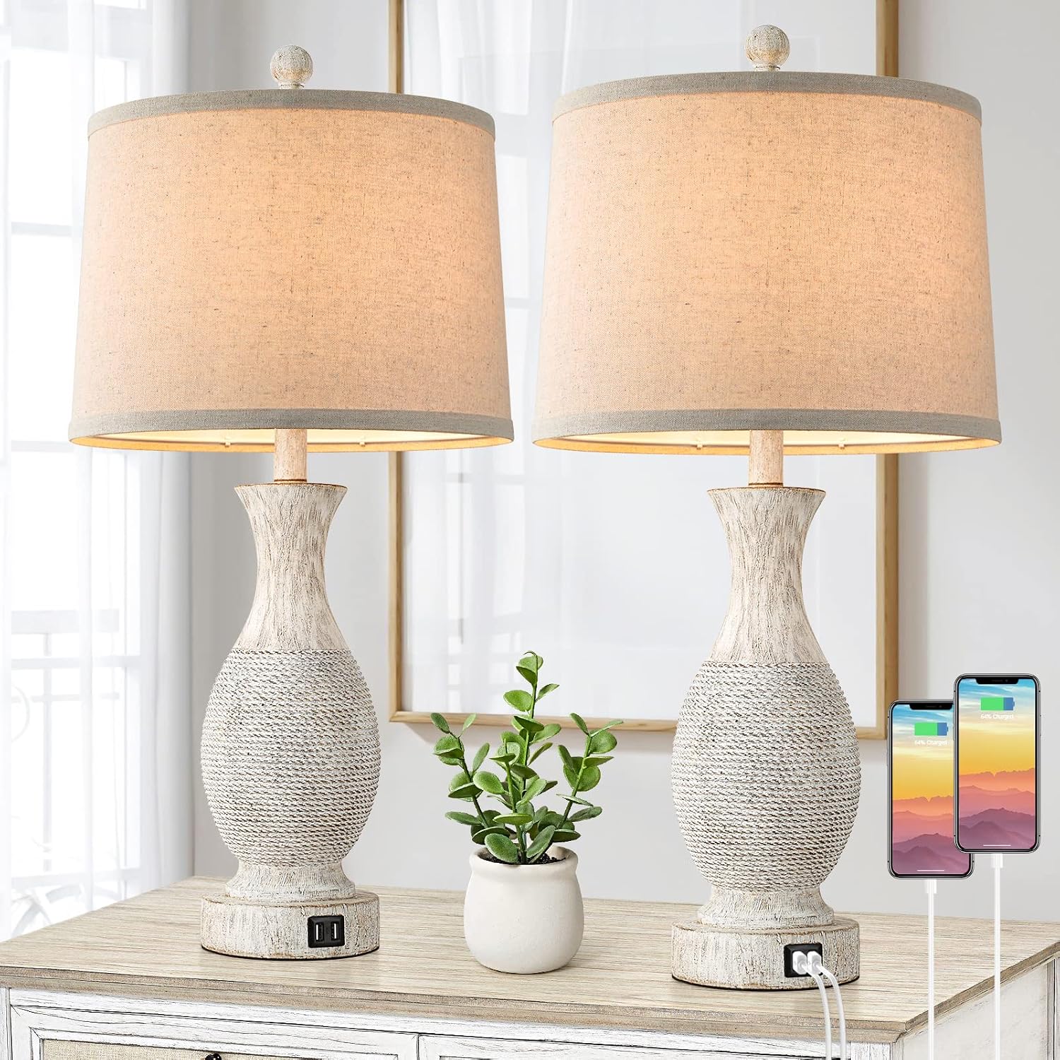 Table Lamps Set of 2-26” Tall Table Lamps with USB Charging Ports ...