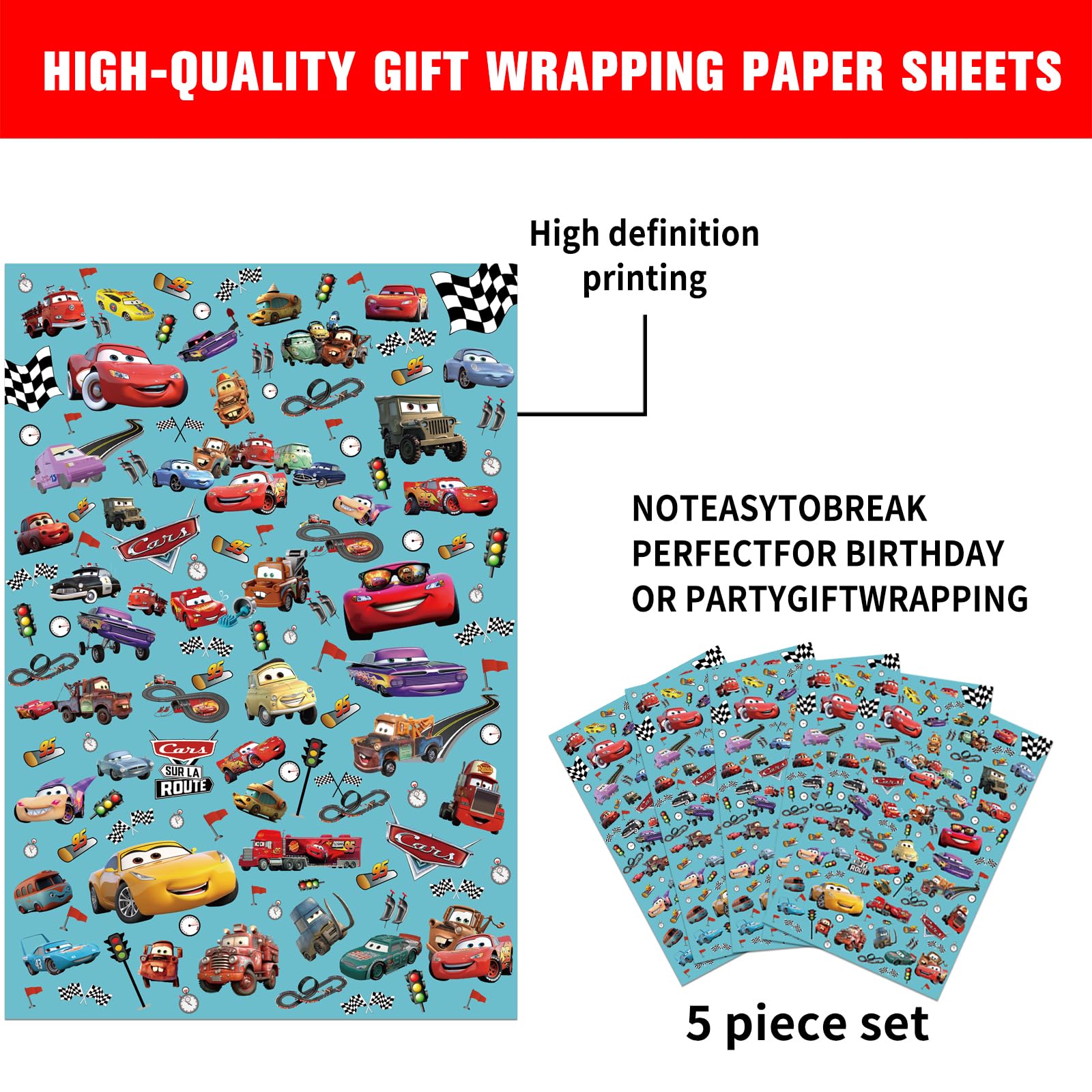 Snapklik.com : YOPENMOUNE 5 Pcs Cars Wrapping Paper Lighting Mcqueen ...