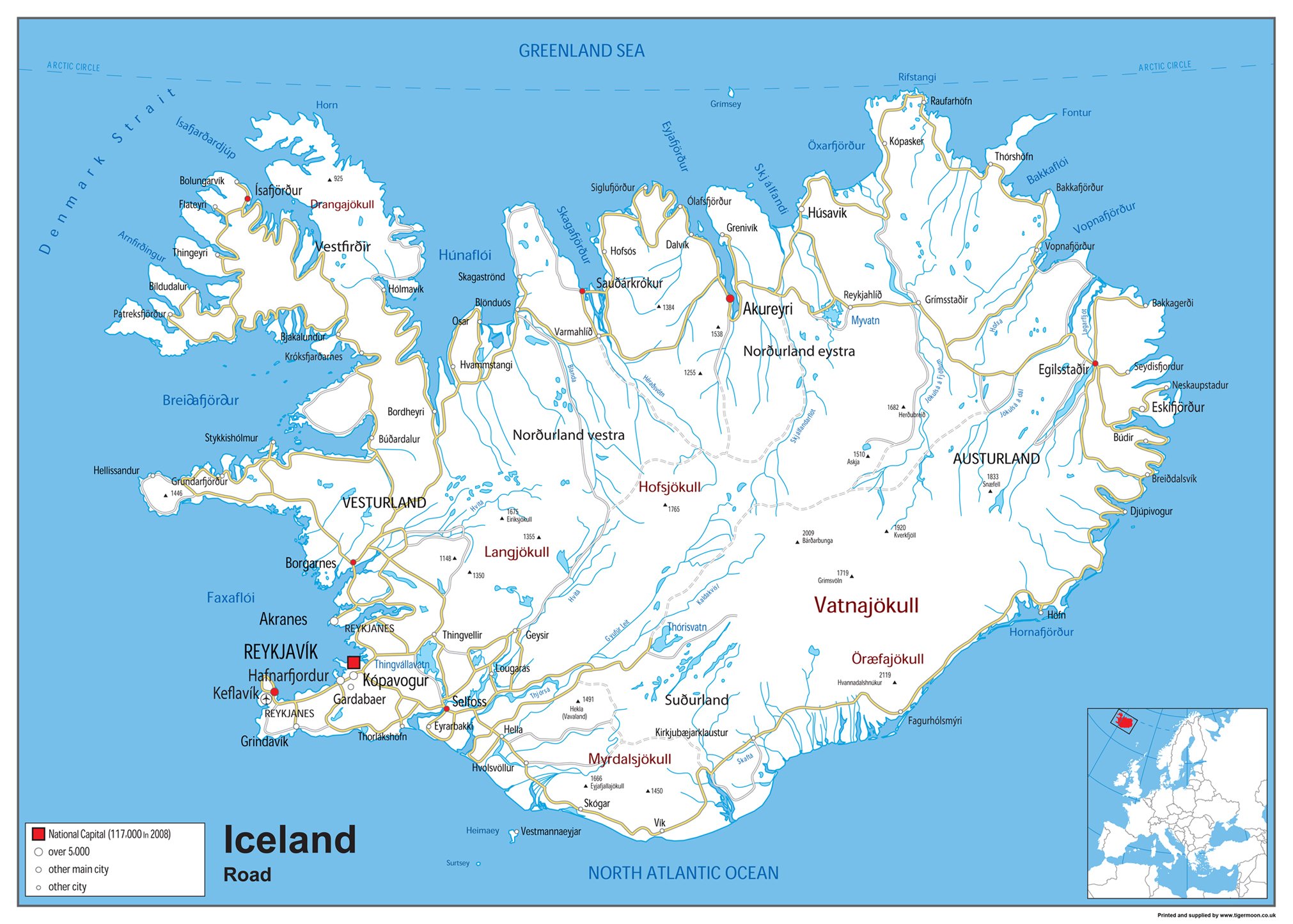 Road Map of Iceland - Size A1-59.4 x 84.1cm - Paper Laminated : Amazon ...