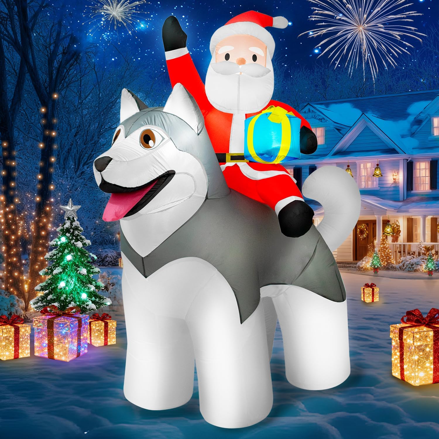 Amazon.com: zukakii 8×7FT Christmas inflatables Santa Riding Husky Dog ...