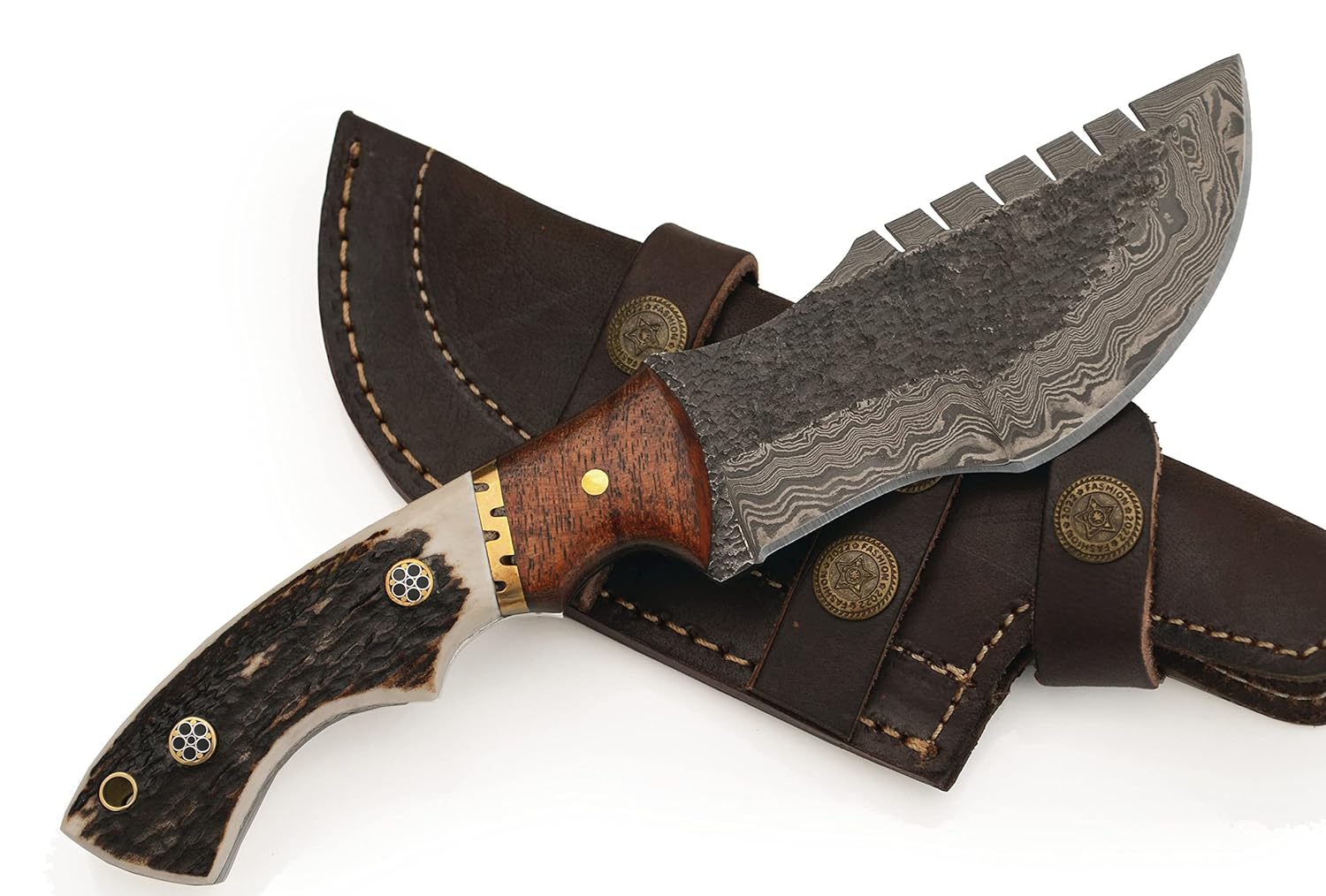 Amazon.com: Tracker Knife - Stag Handle, Hammered Damascus Hunting ...