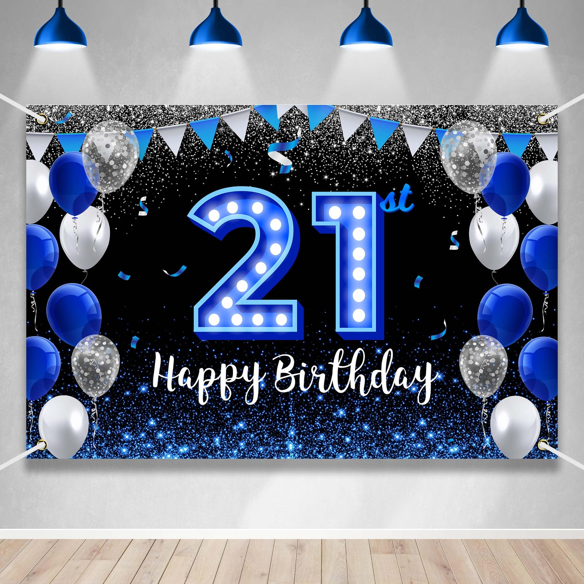 Amazon.com: Large Happy 21st Birthday Backdrop Banner Blue Black Theme ...