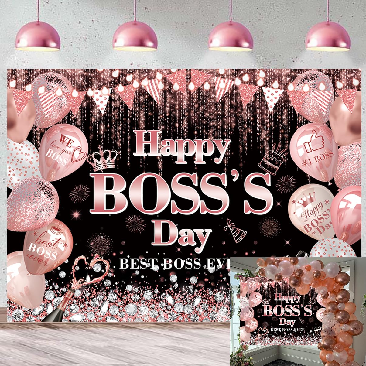 Amazon.com : Happy Boss's Day Banner Backdrop 7x5FT Pink and Black ...