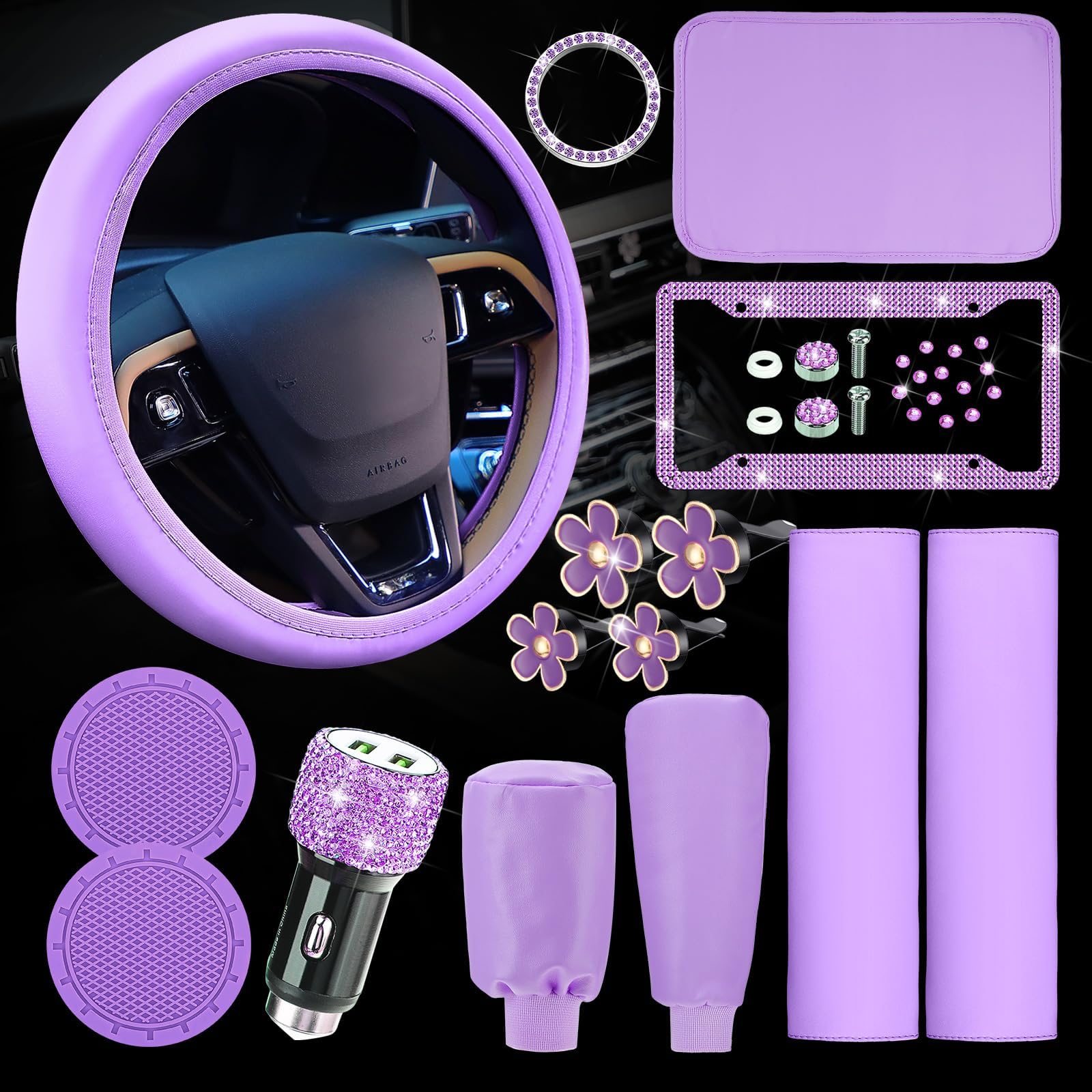 Amazon.com: 15 Pcs Bling Car Accessories Set Leather Steering Wheel ...