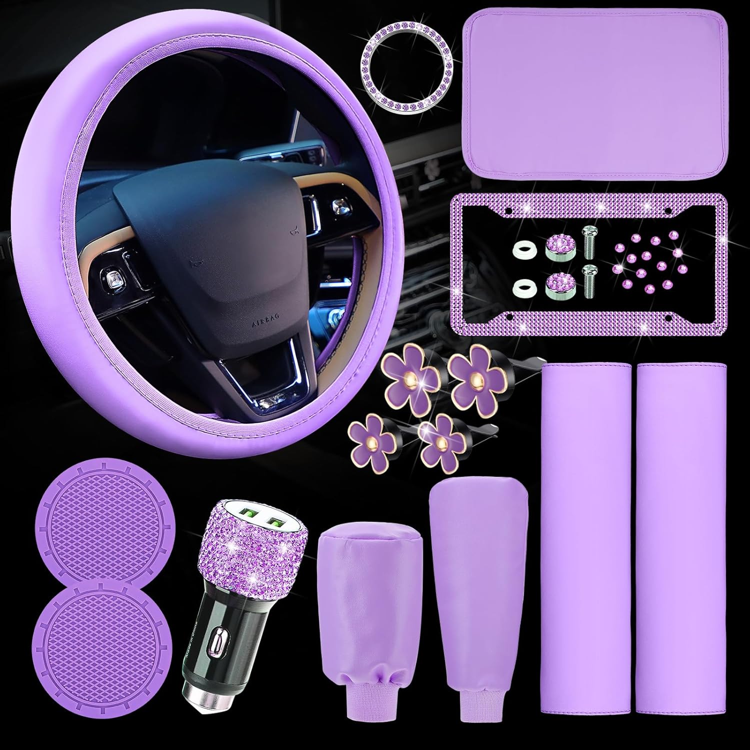 Amazon.com: 15 Pcs Bling Car Accessories Set Leather Steering Wheel ...