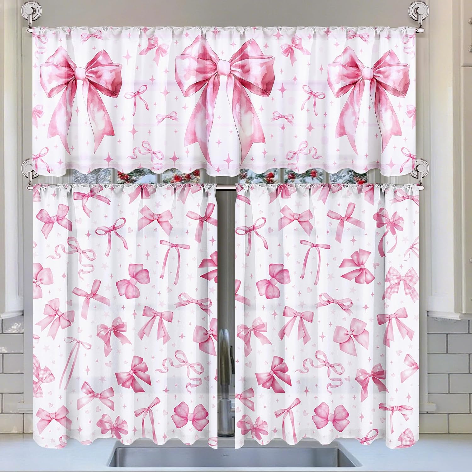 Amazon.com: Breling 3 Pcs Pink Bow Kitchen Curtains Valances and Tiers ...
