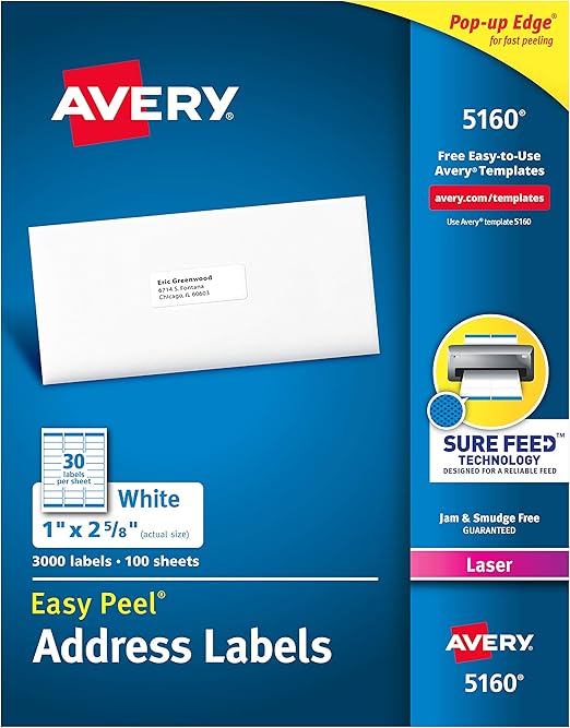Avery Easy Peel White Mailing Labels for Laser Printers, 1 x 2.62 Inch ...