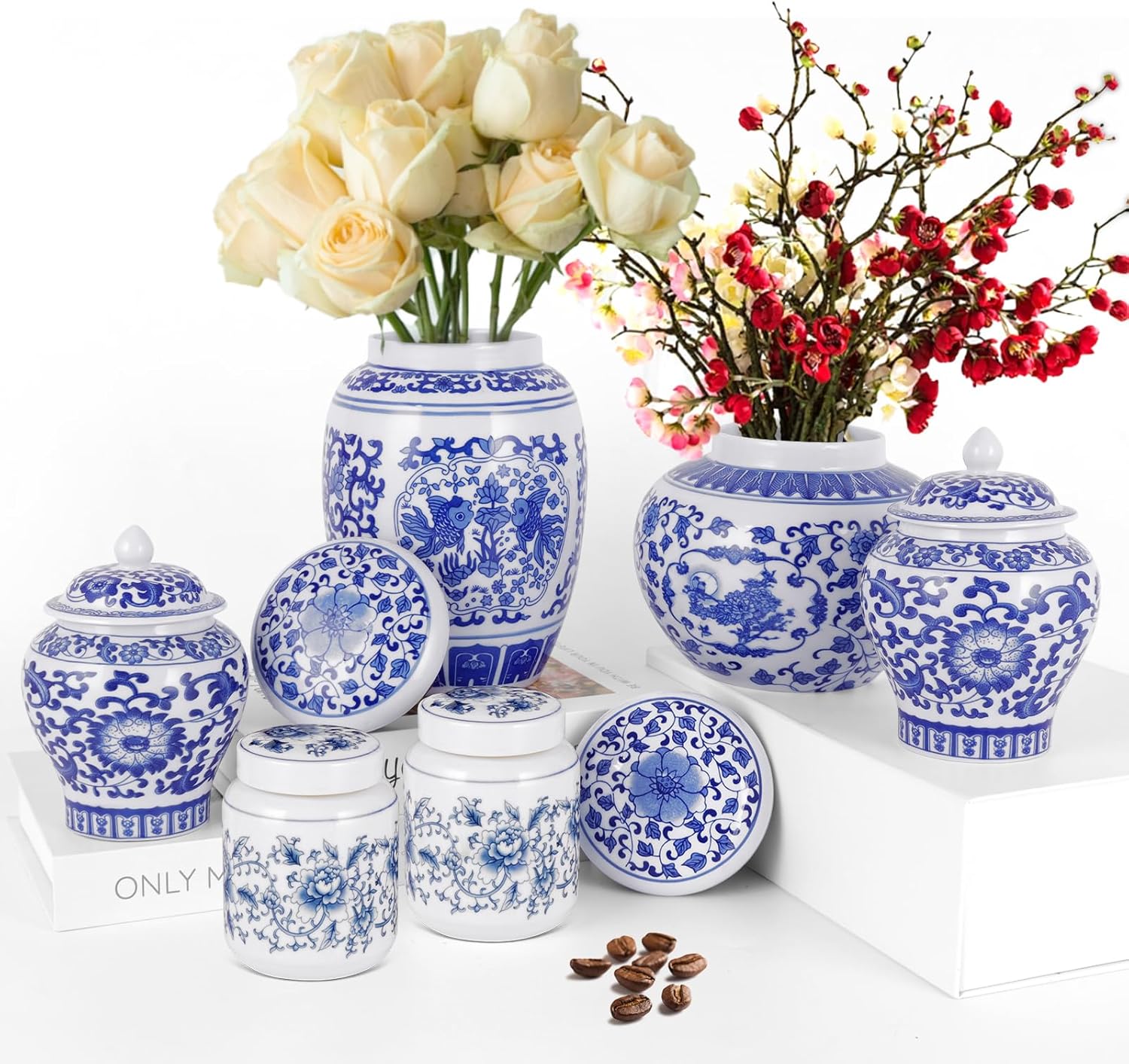 Amazon.com: RMERVE Set of 6 Small Blue and White Porcelain Vases Blue Chinoiserie Decor ...