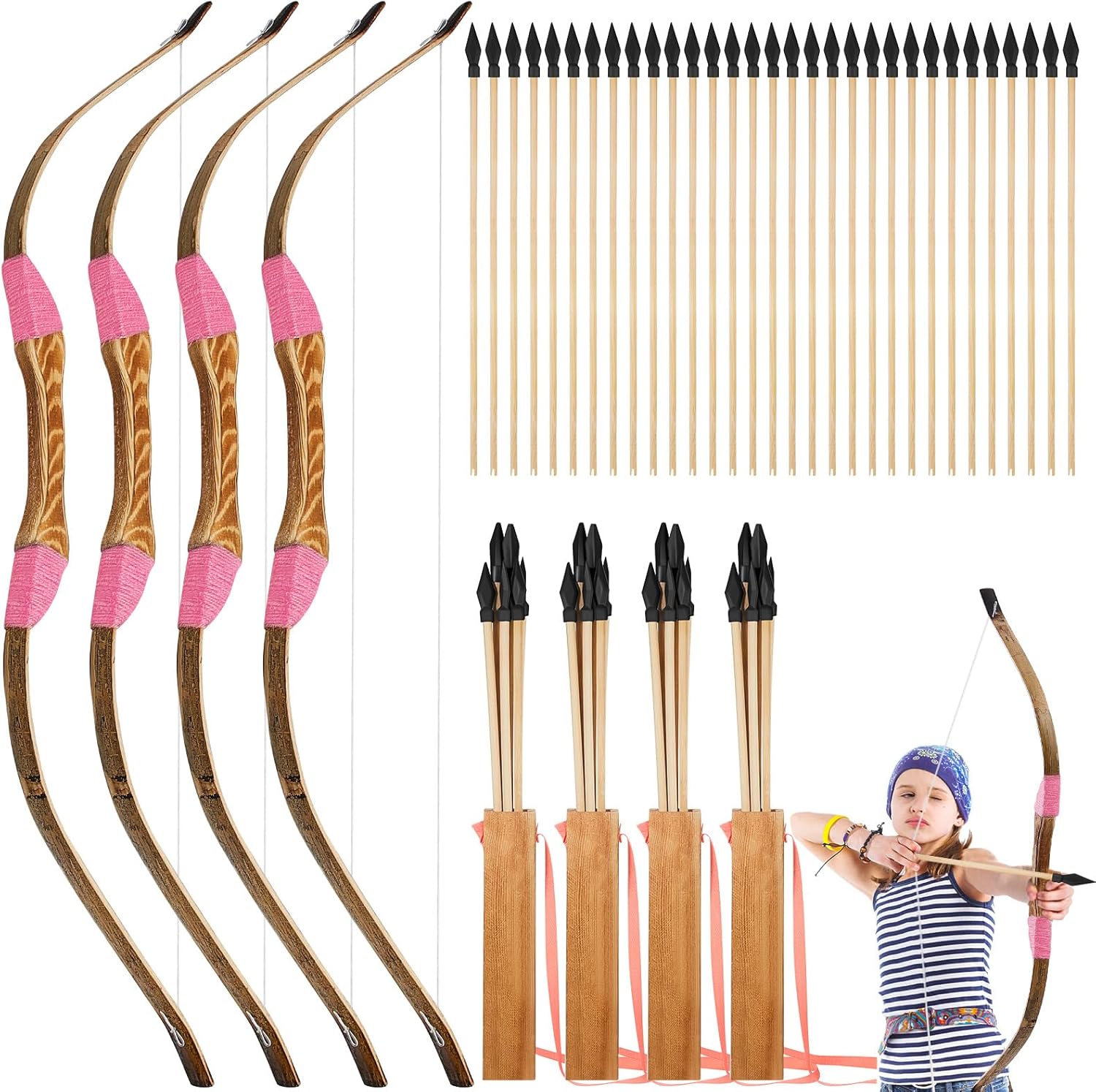 Amazon.com : Lenwen 4 Sets Wooden Bow and Arrow Archery Set Includes ...