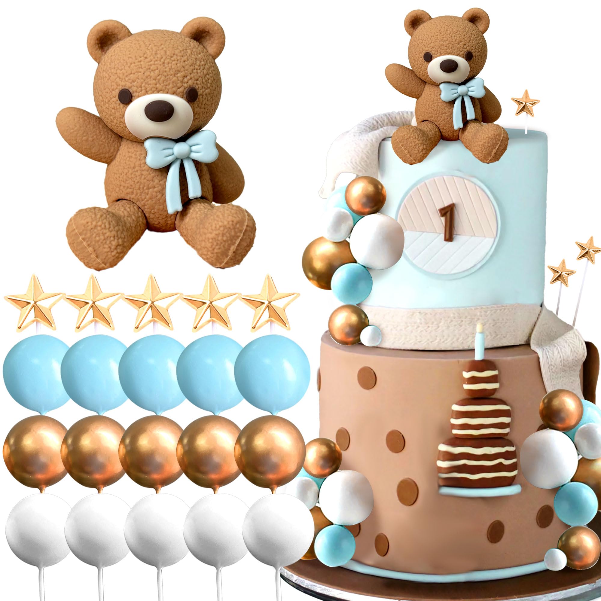 Snapklik.com : Blue Bear Cake Decoration Blue Gold Balls Cake Topper ...