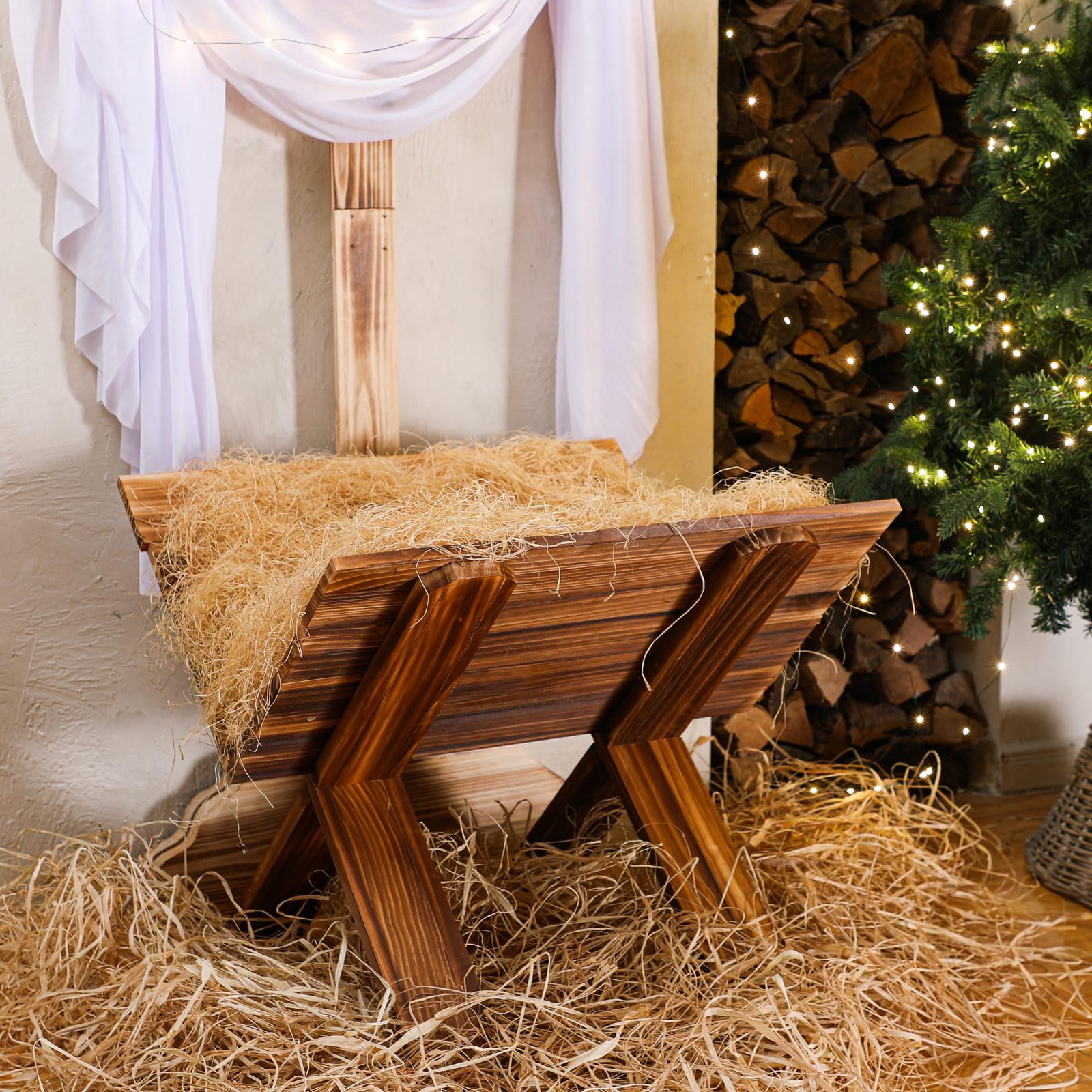 Jumbo Large Jesus in Wooden Manger Religious Christmas Decorations ...