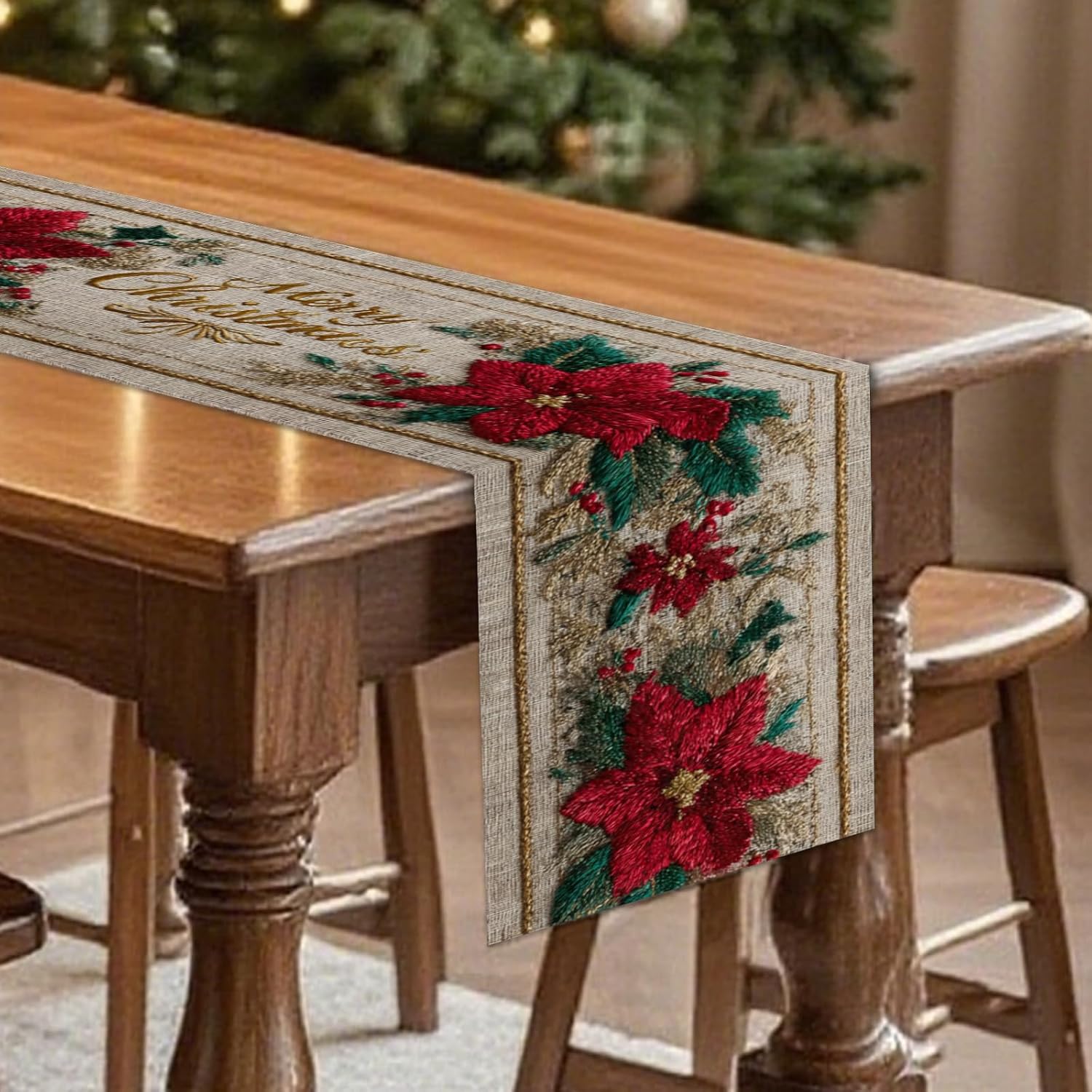 Amazon.com: Nuxovilar Embroidered Poinsettia Flax Table Runner 13x72 ...