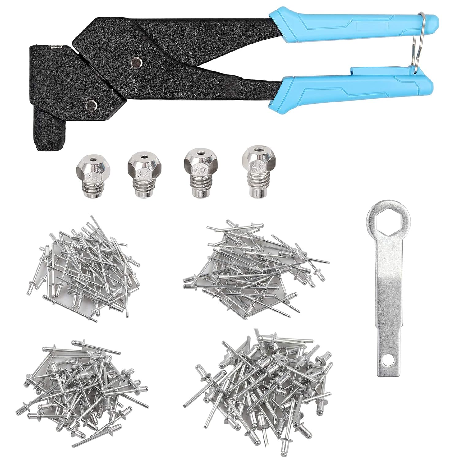 Rivet Gun Kit with 4 Nosepieces 200PCS Rivets 360° Rotatable Head Heavy ...