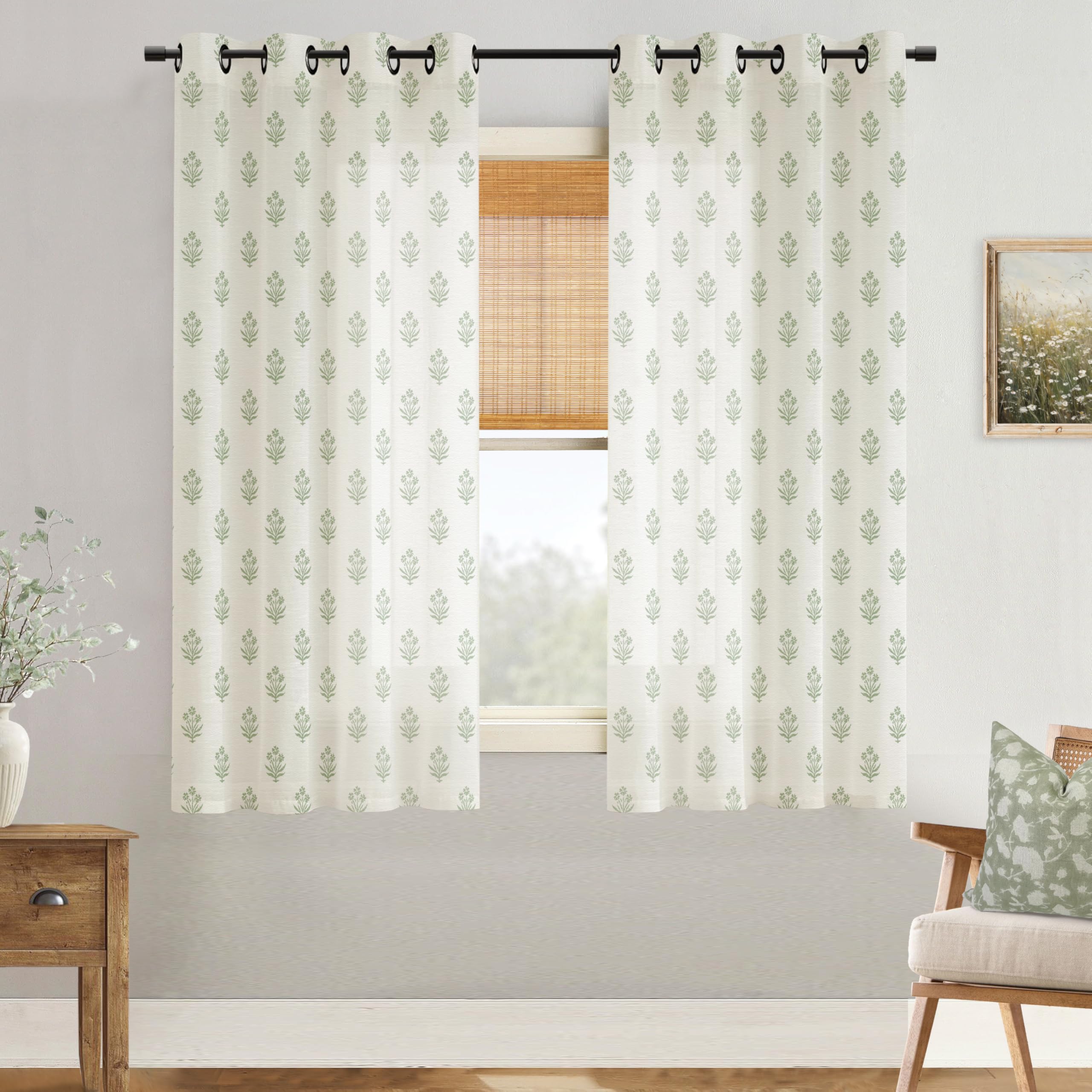 Amazon.com: Cream and Light Green Curtains 63 Inch Length,Sheer Floral ...
