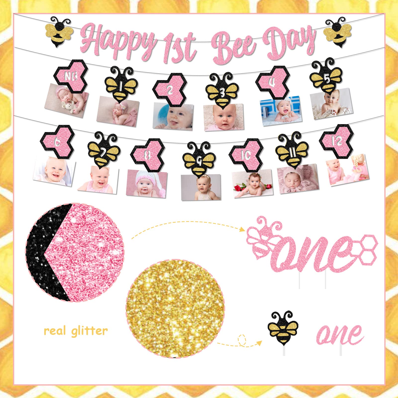 Pink Gold Baby Shower Decor Pink Gold Glitter Bumble Bee 1st Birthday ...