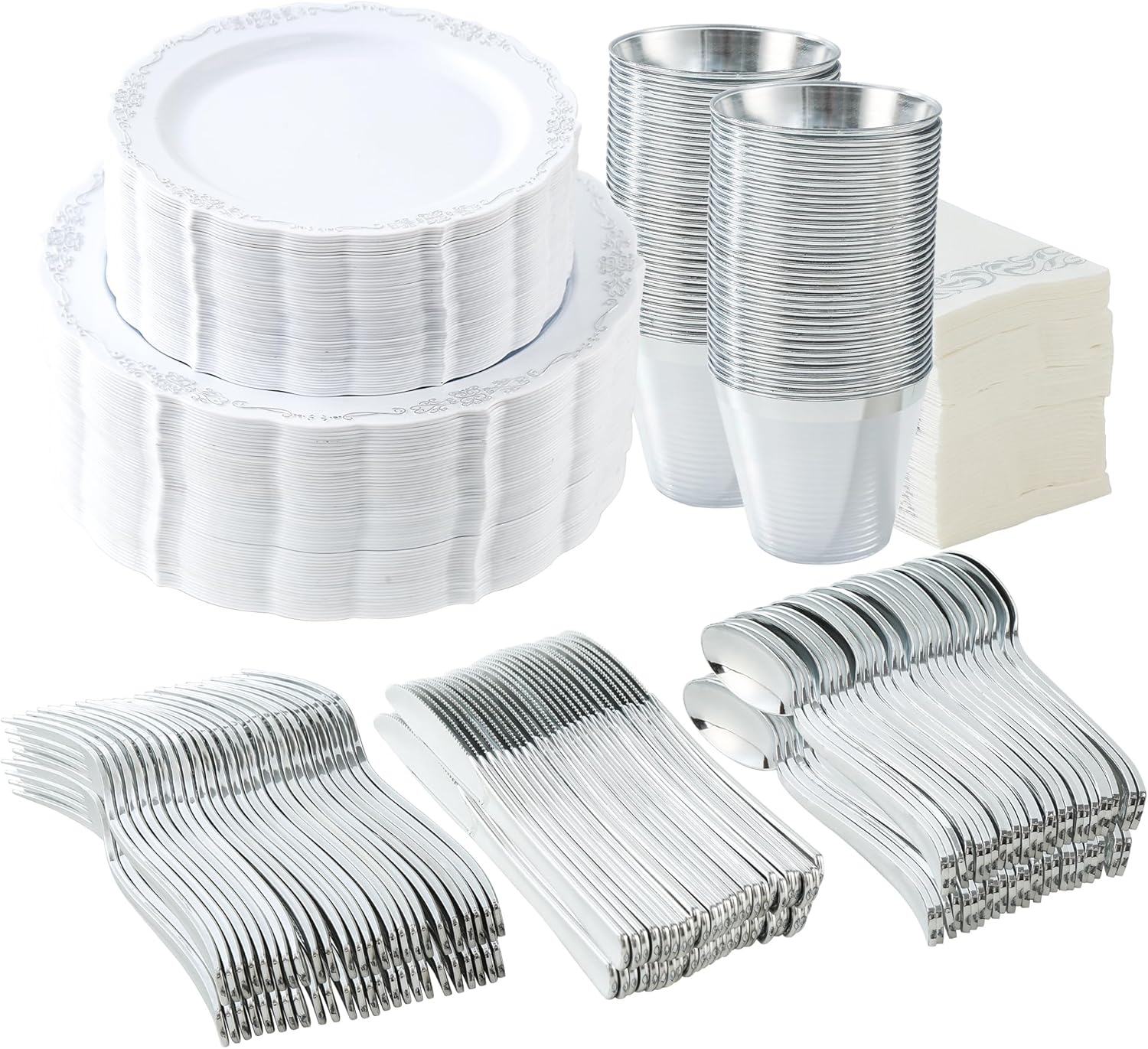 Amazon.com: Conflech 350pcs Silver Disposable Dinnerware Set, 50 Guests ...
