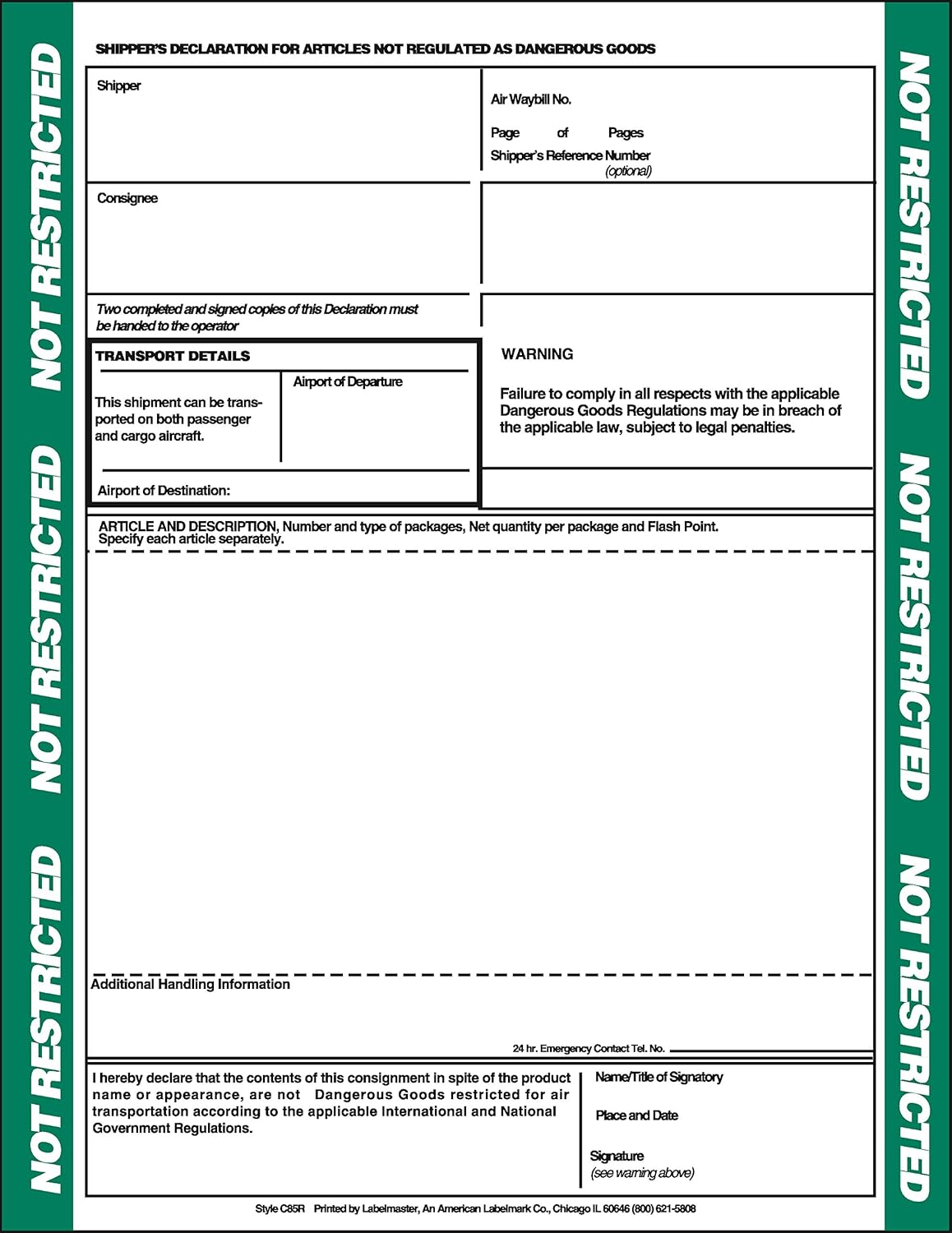 Labelmaster F85RL Shipper's Declaration for Articles Not Regulated as ...