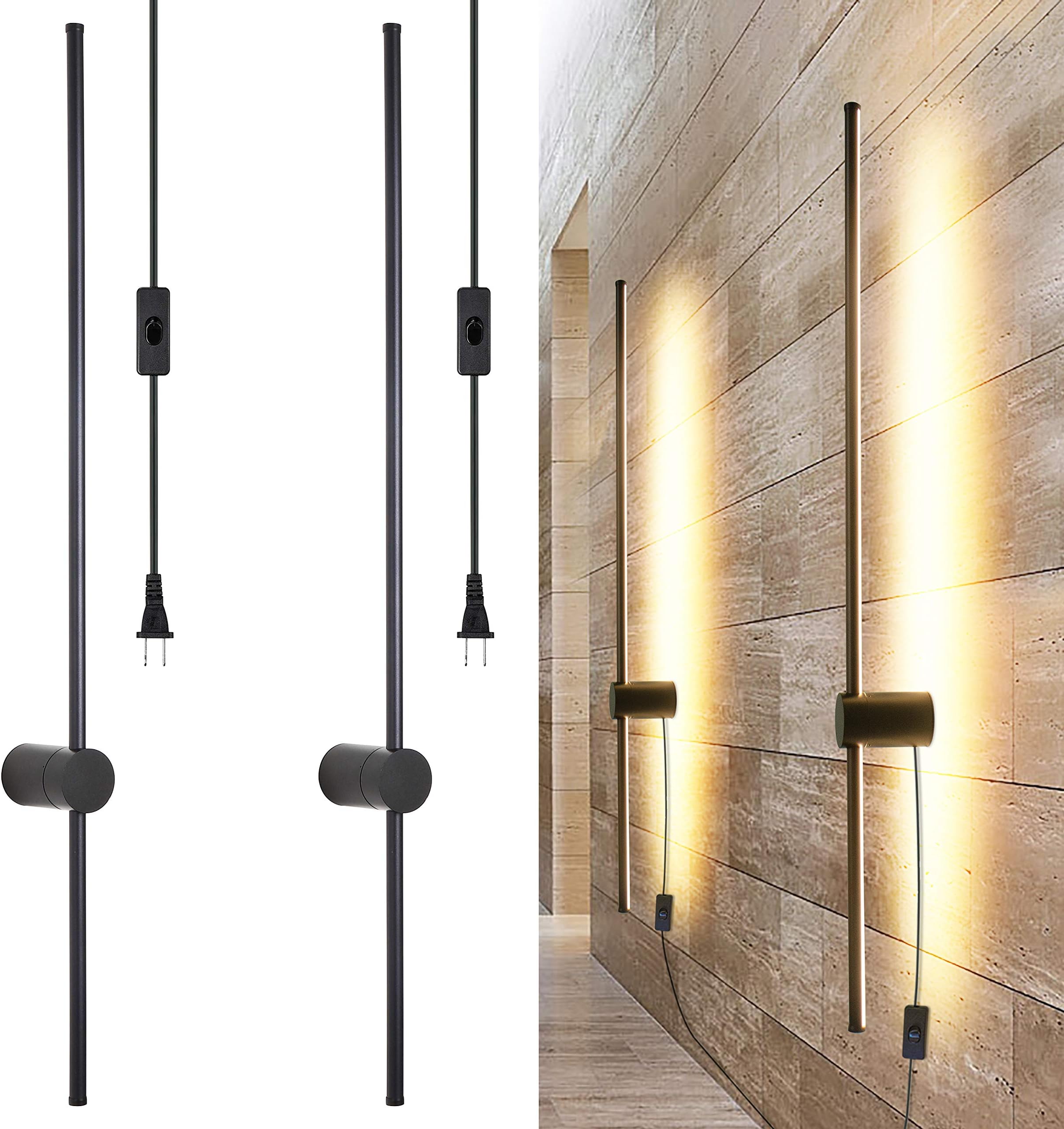 Ditoon Modern Plug in Wall Sconce Set of 2 LED Black Wall Lights with ...