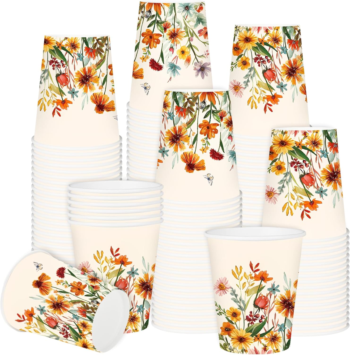 Amazon.com: Whaline 100Pcs Fall Paper Cup 9 Oz Floral Disposable Cups ...