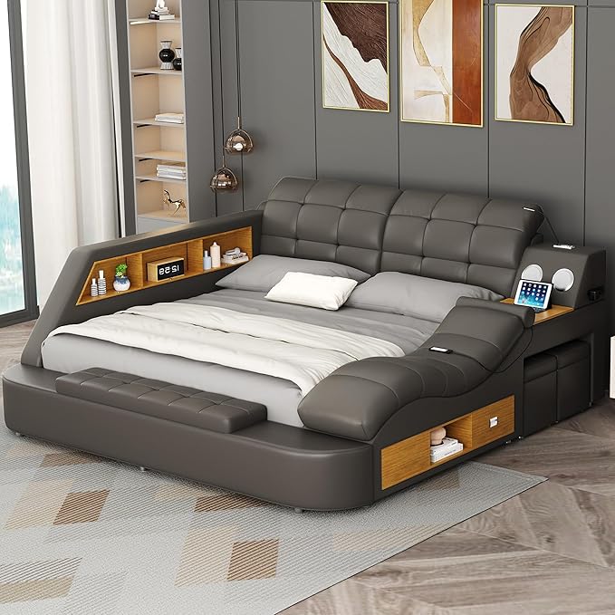 Amazon.com: ModaWhly Multifunctional Queen Bed Frame, Gray Luxury Smart ...