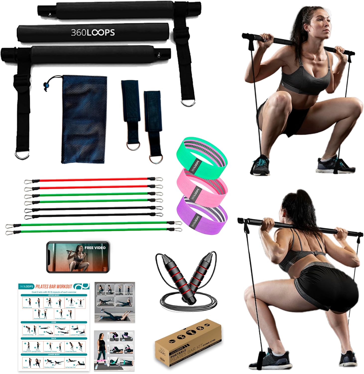 360LOOPS KIT Elastique Musculation with Barre Pilates, 8 Bande ...