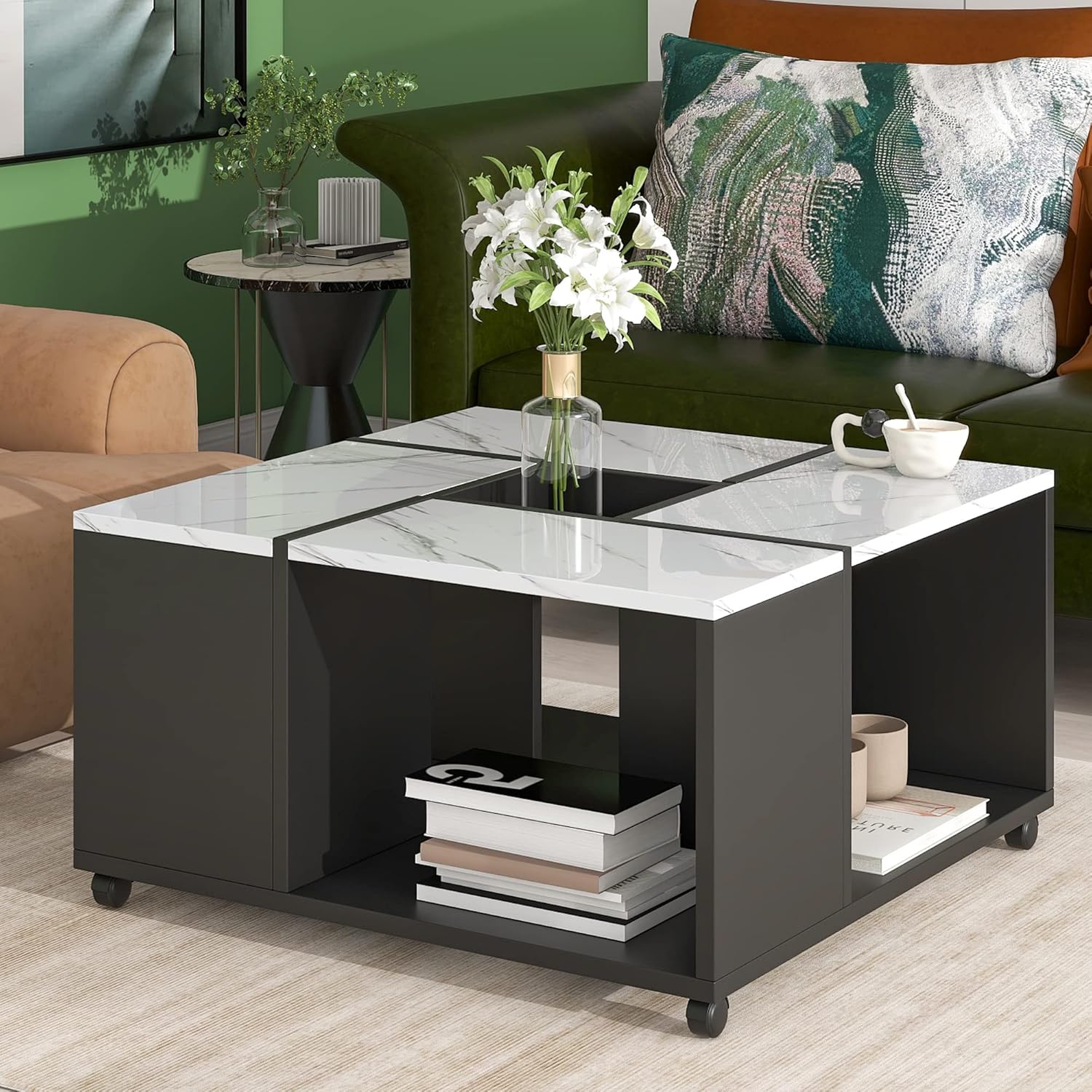 Amazon.com: 2-Layer Square Coffee Table with Casters,Black Modern High ...