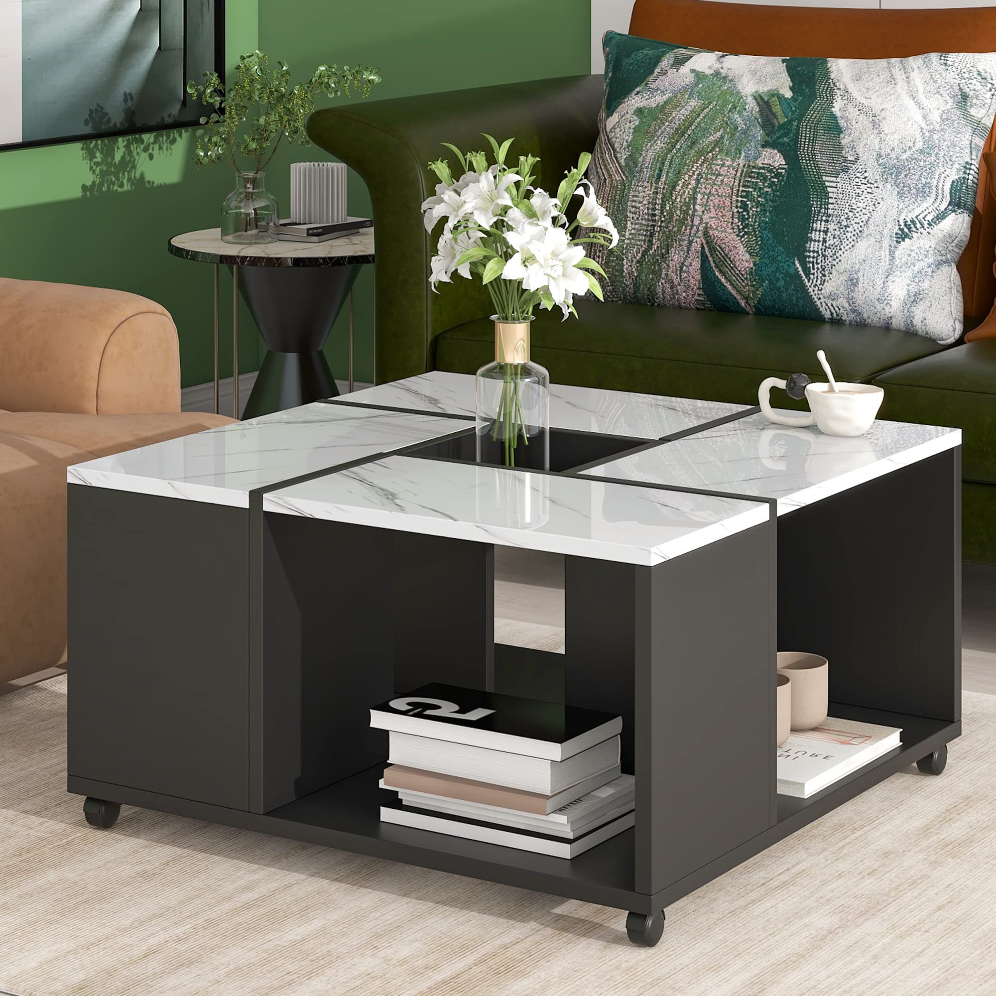 2 Layer Square Coffee Table With Casters Black Modern High | Desertcart ...