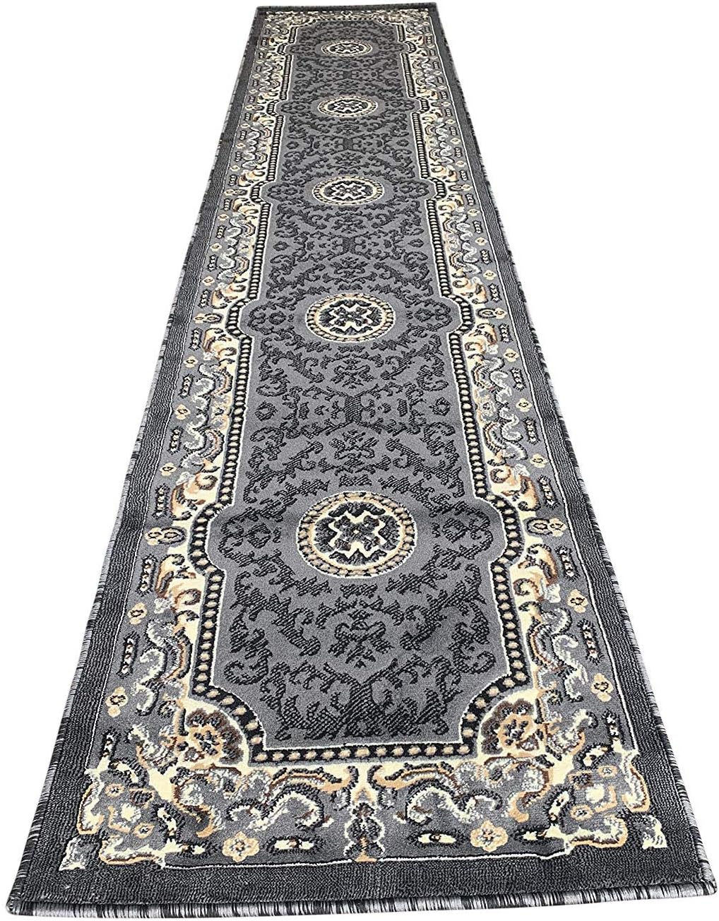Amazon.com: Kingdom Traditional Long Runner Area Rug Grey & Black Beige ...