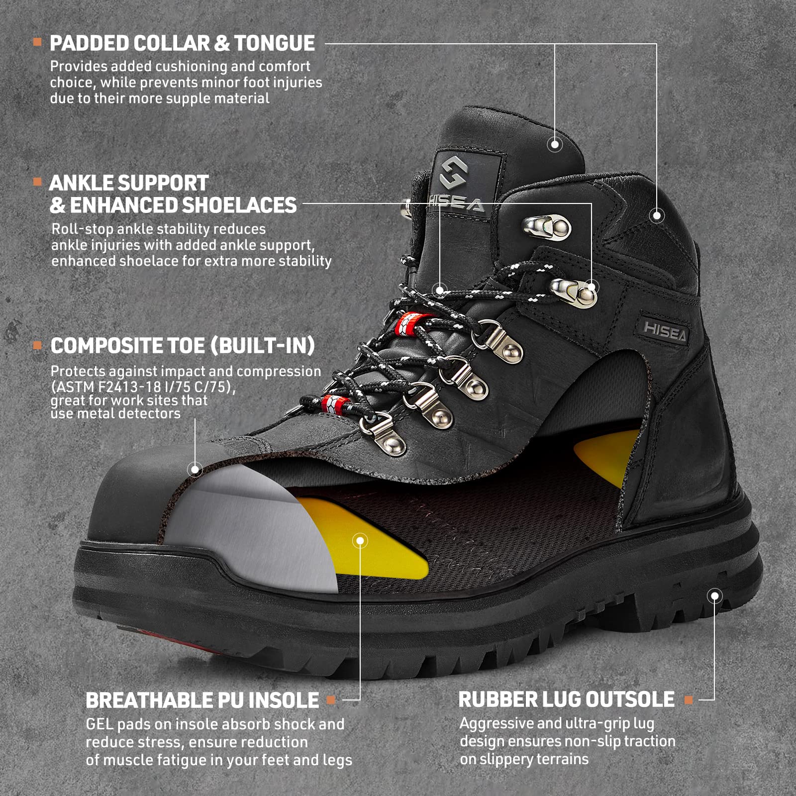 HISEA Men's Composite Toe Work Boots Full Grain Safety Leather Boots ...