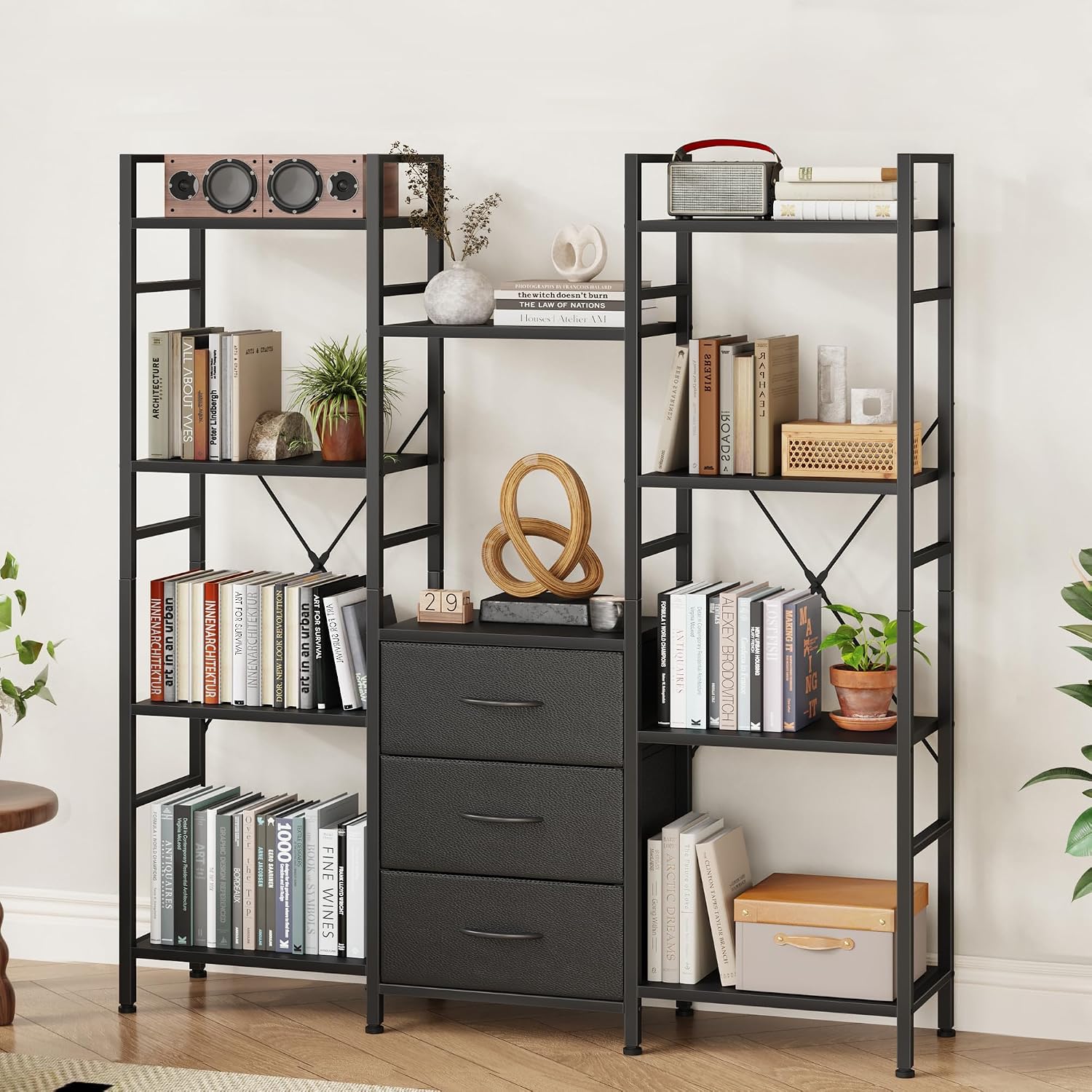 AFLUI Triple Bookshelf with 3 Fabric Drawers, Wide 4-Tier Book Shelf ...