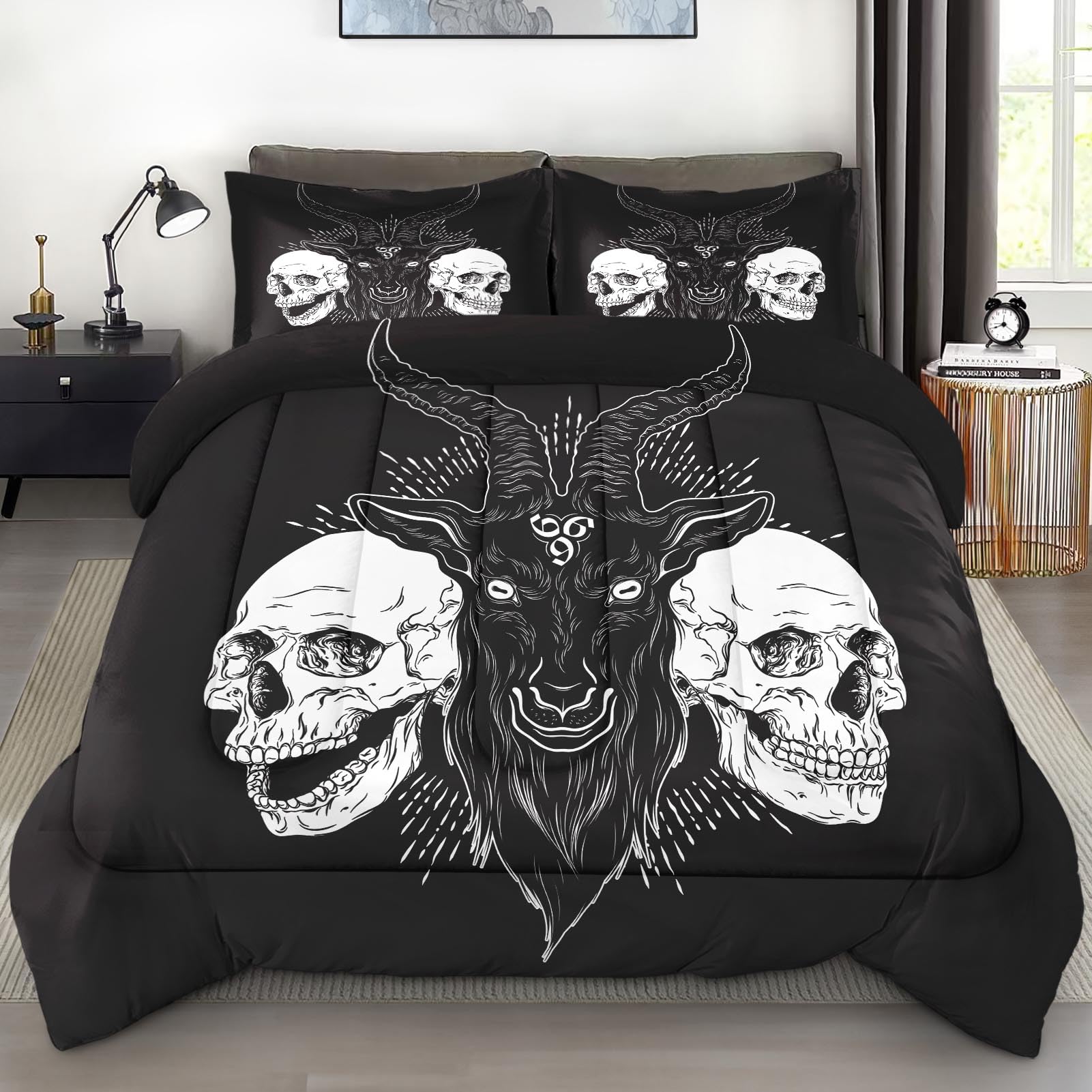 Amazon.com: Pinbeam Comforter Set Full Size, Baphomet Skulls Pagan ...