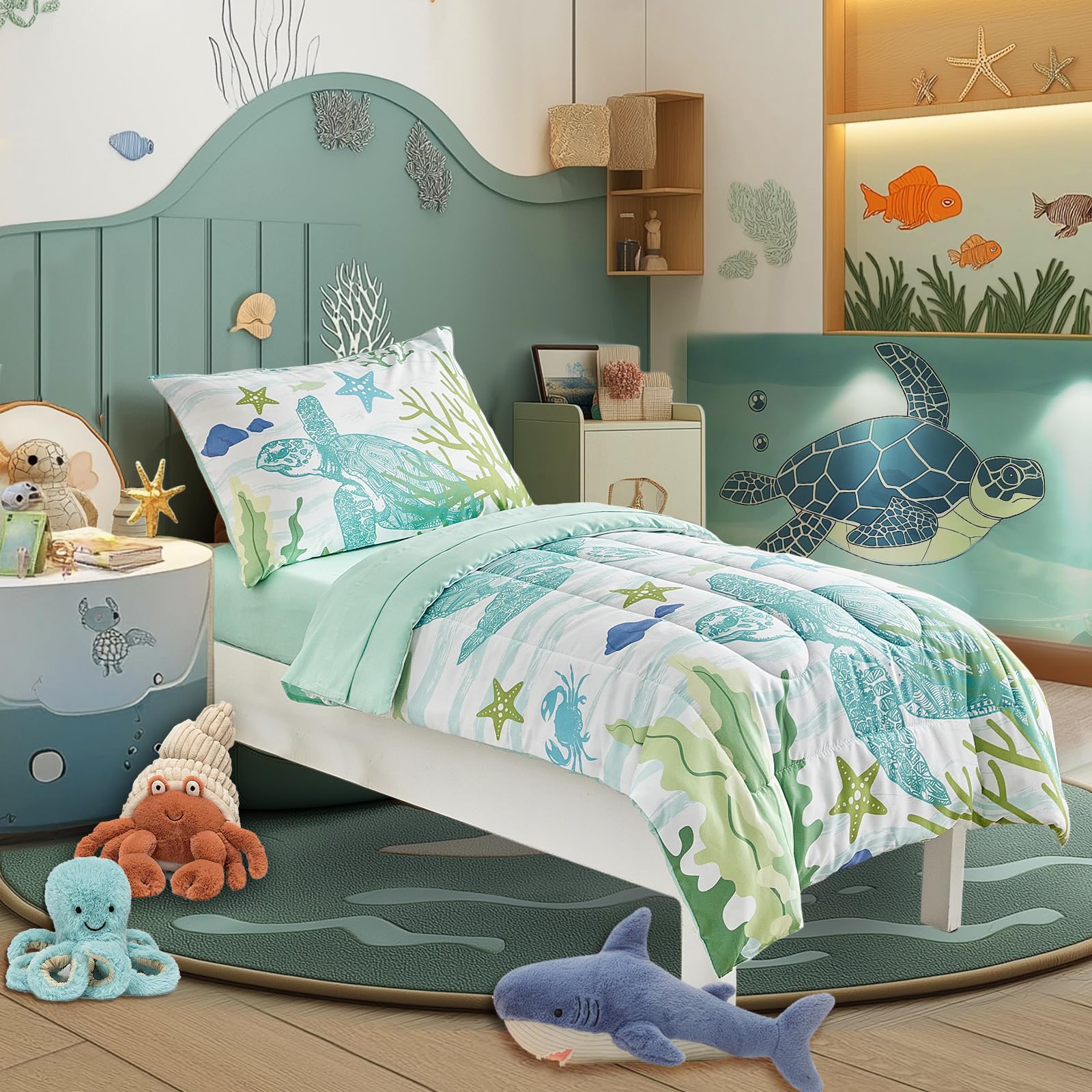 Amazon.com: 4 Pieces Sea Turtle Toddler Bedding Set for Boys Girls Teal ...