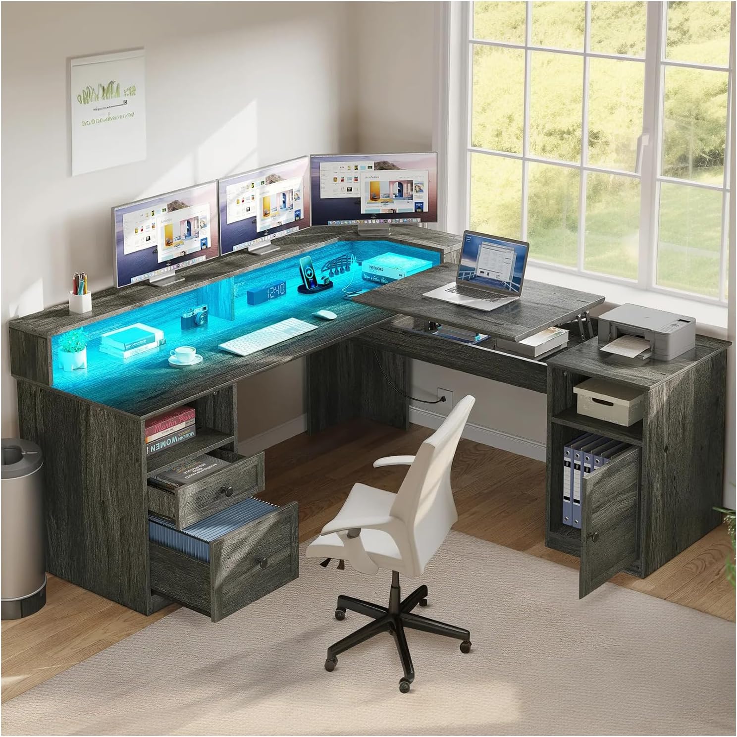 Amazon.com: New Rustic Gray 60 Inches Lift Top L Shaped Computer Desk ...