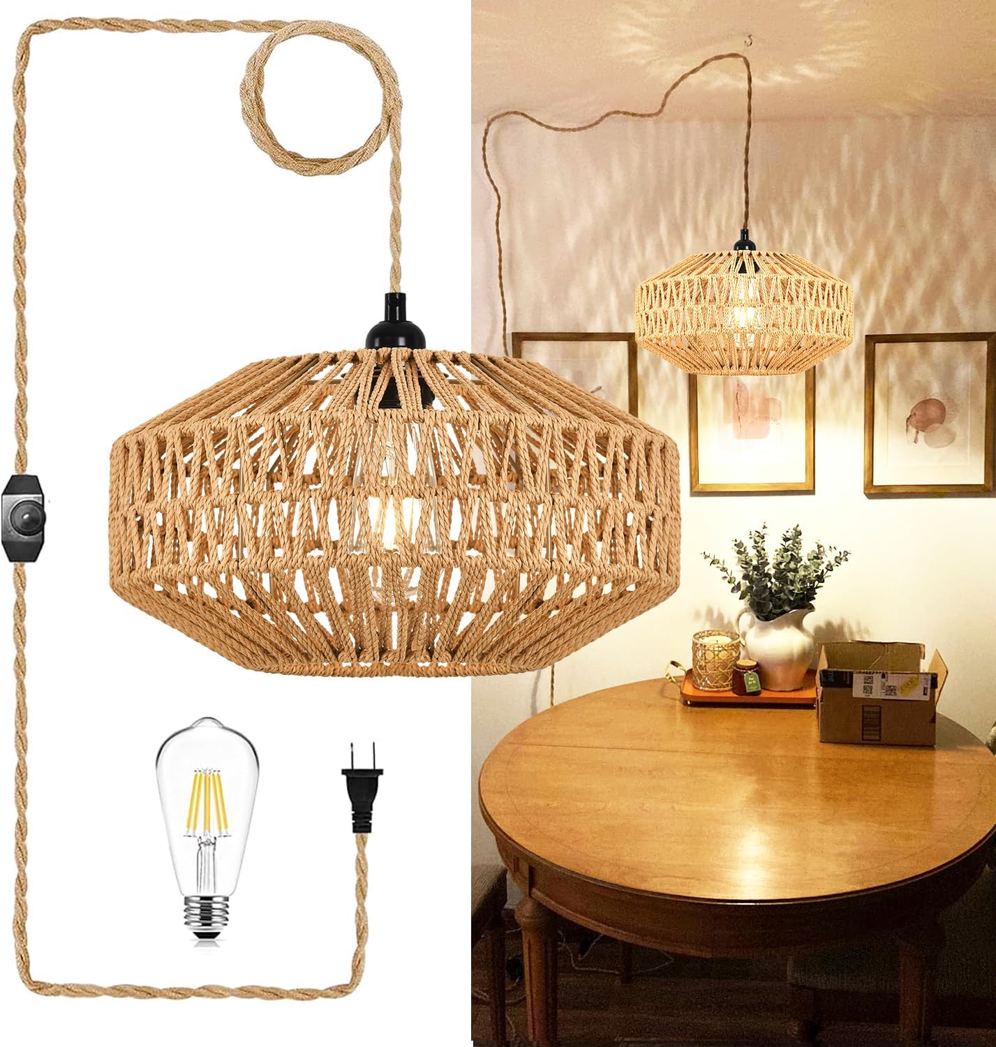 QIYIZM Plug in Pendant Light Hanging Lights with Cord Rattan Boho ...
