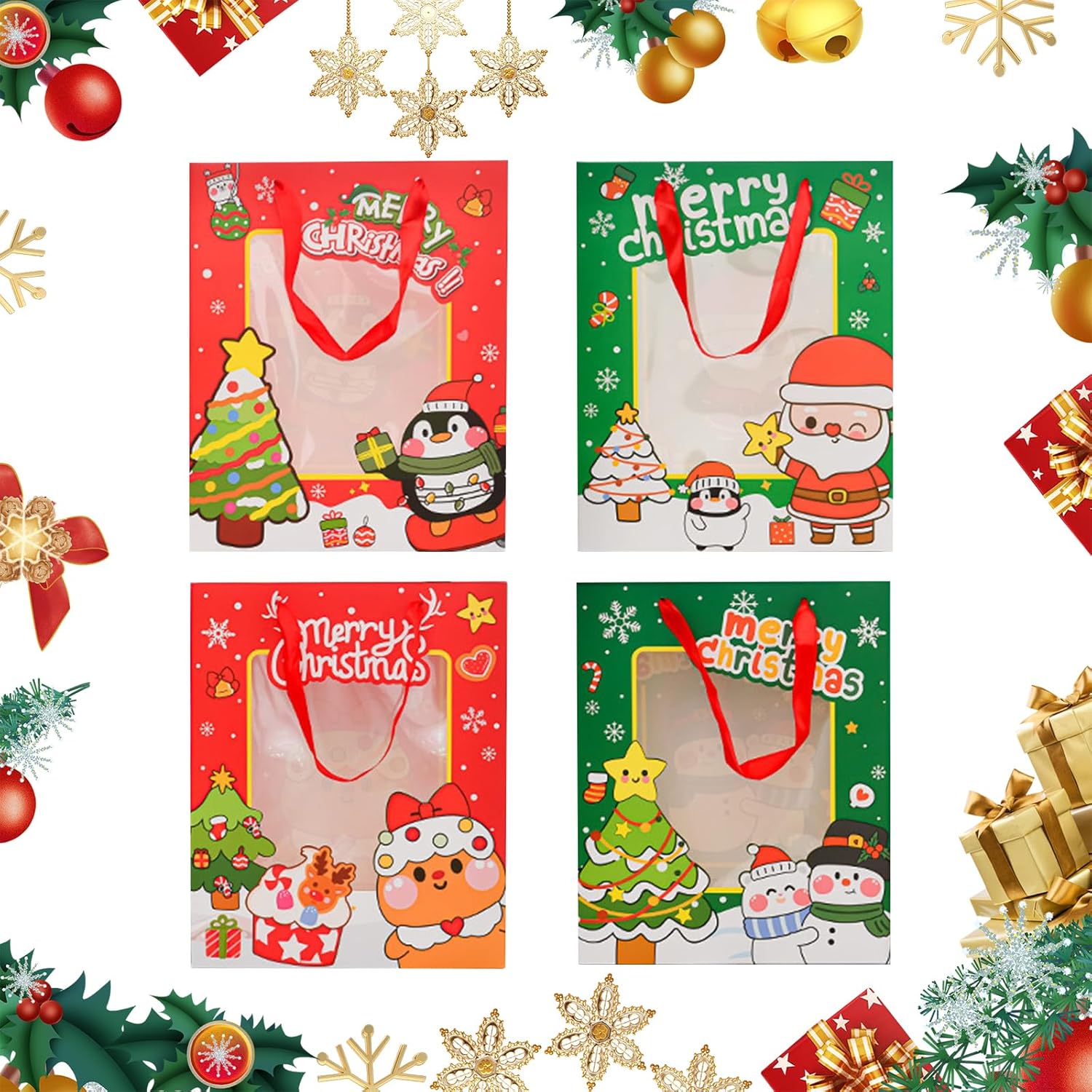 12 Pieces Christmas Paper Bags with Clear Window Snowman Shopping Party ...