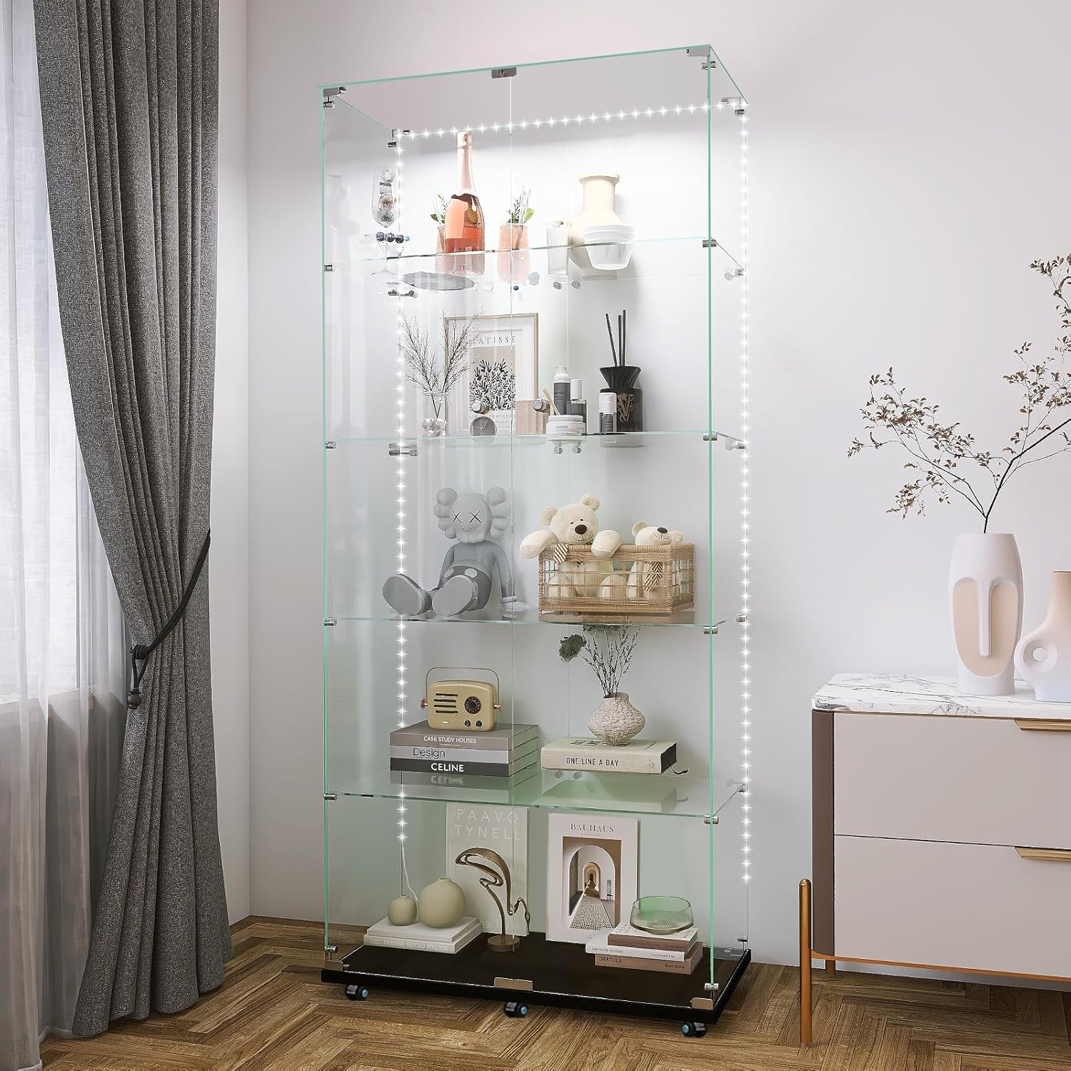 Amazon.com: Fetuero Glass Display Cabinet,5 Shelves Double Doors LED ...