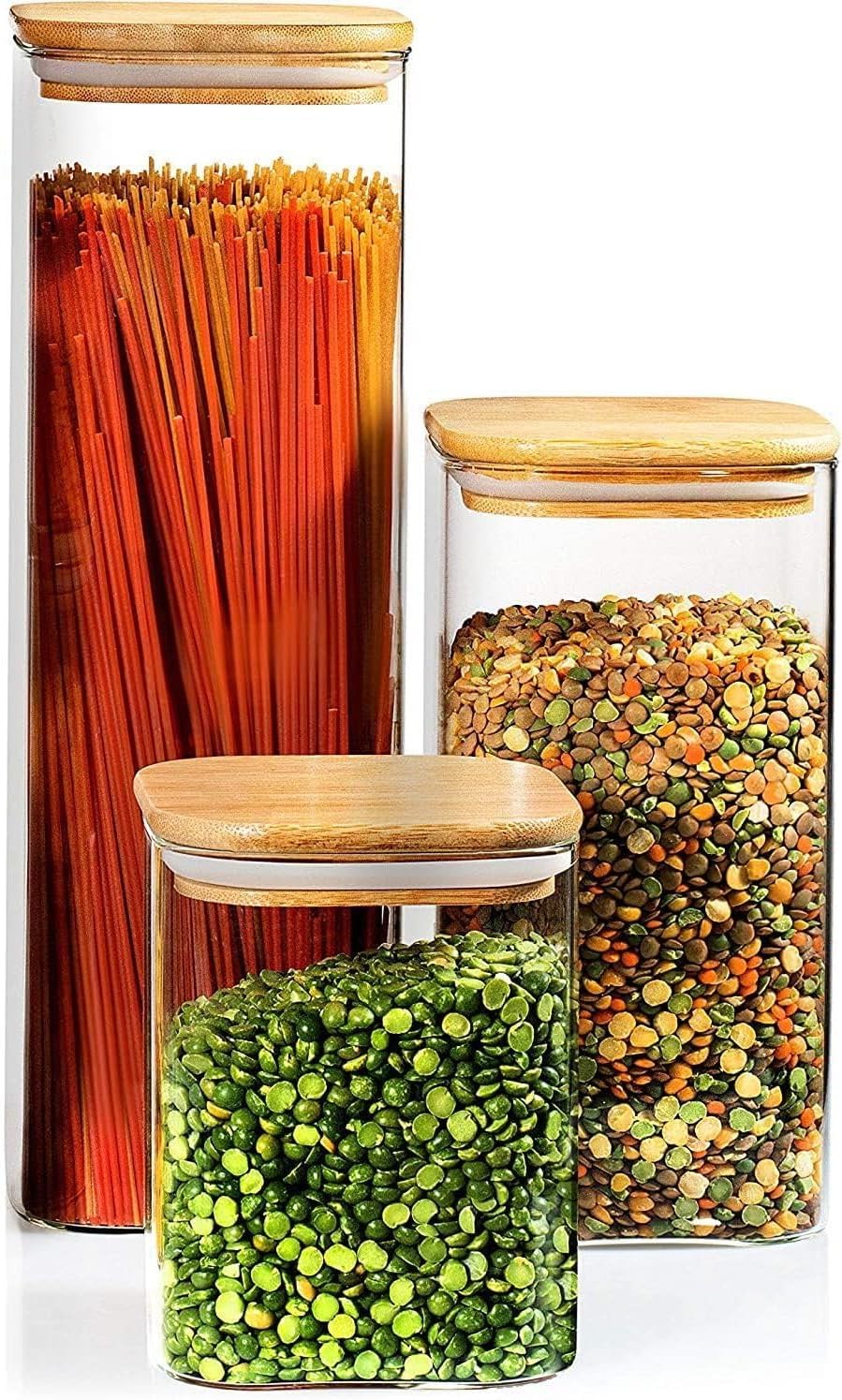Amazon.com: Glass Food Storage Jars with Bamboo Lids, 37oz Clear Square ...