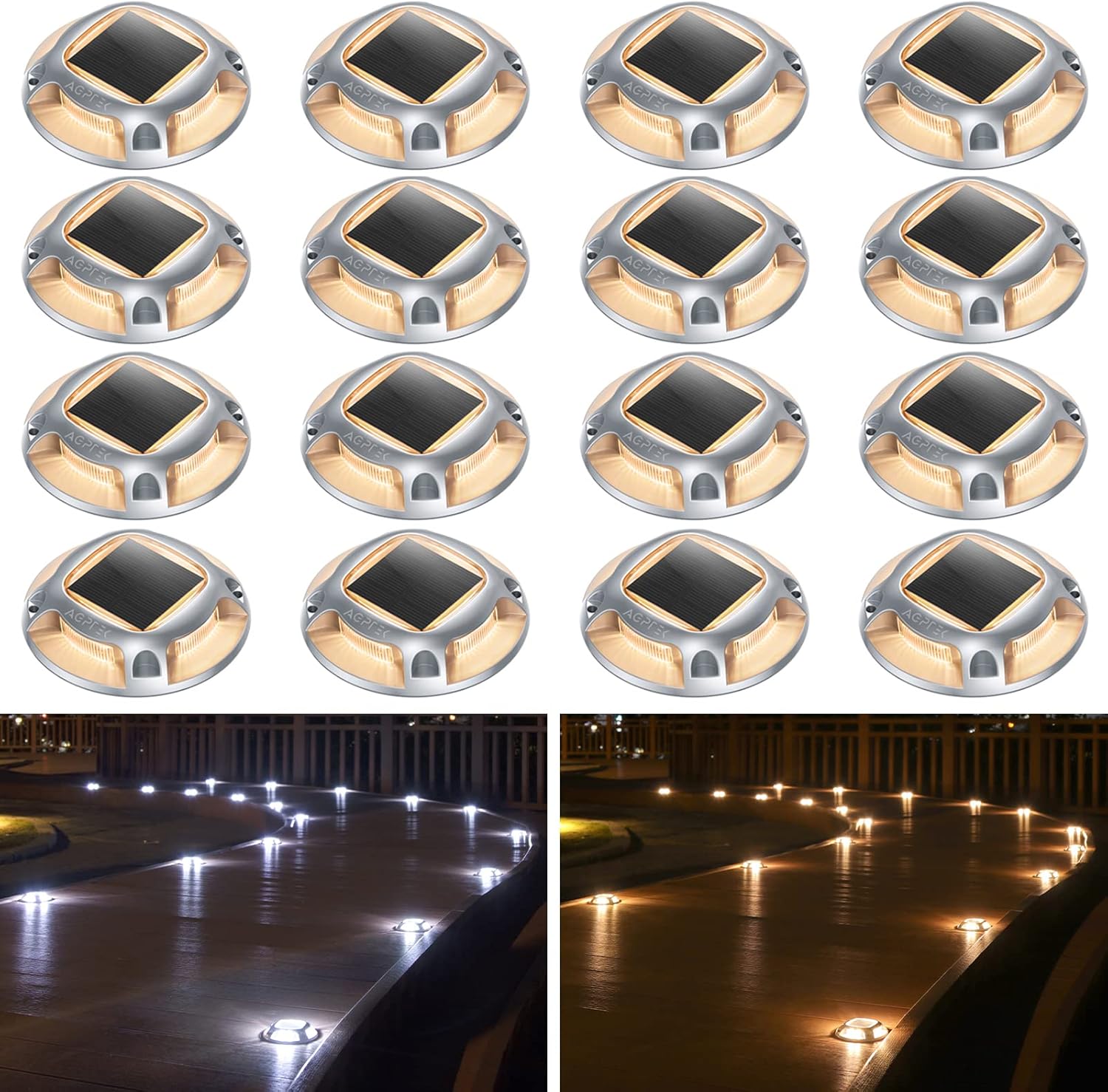 AGPTEK Solar Driveway Lights Outdoor 16 Pack, 2 Color Modes LED Deck ...