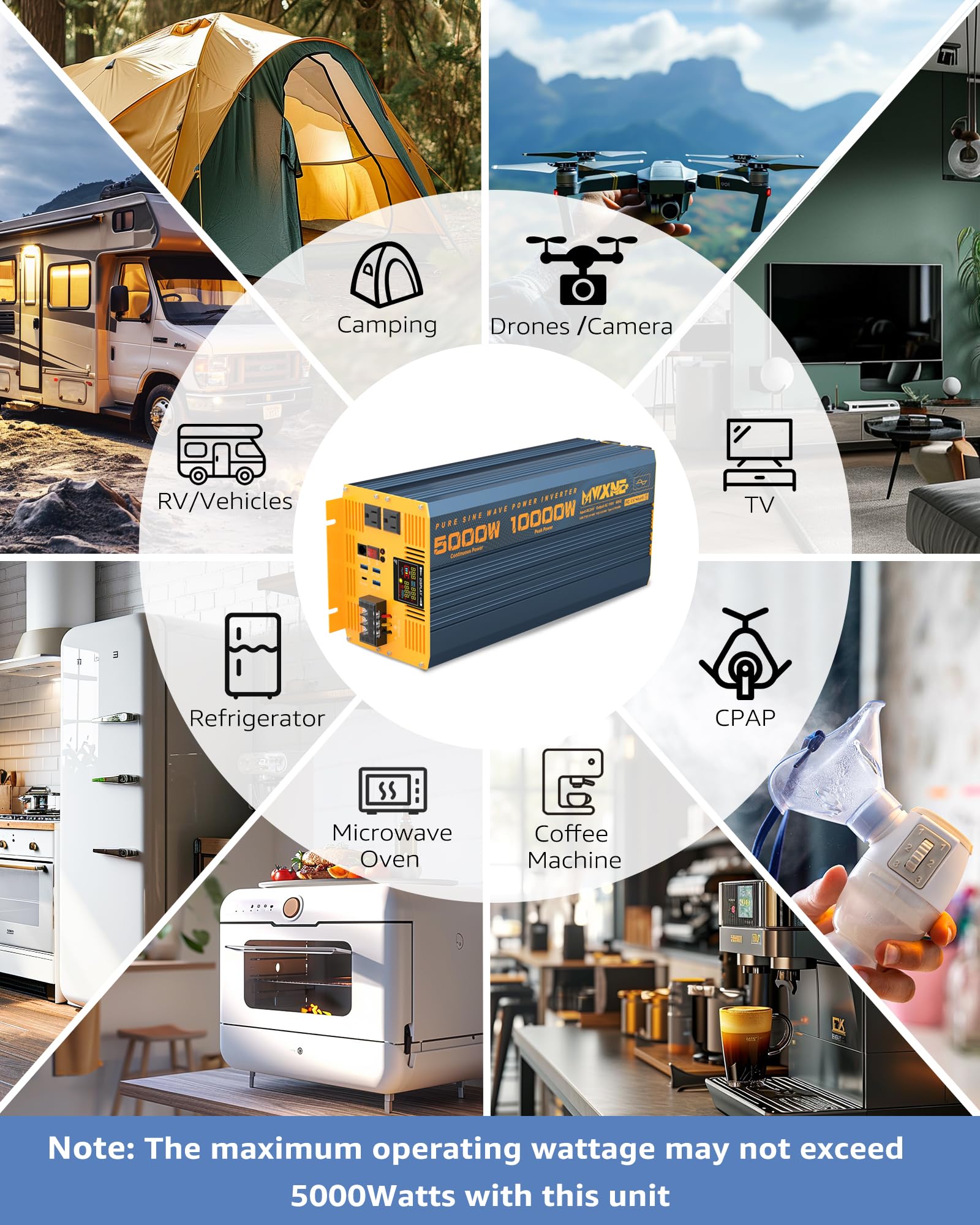 5000 Watt Power Inverter Pure Sine Wave 24V DC to 110V 120V 10000W Peak ...