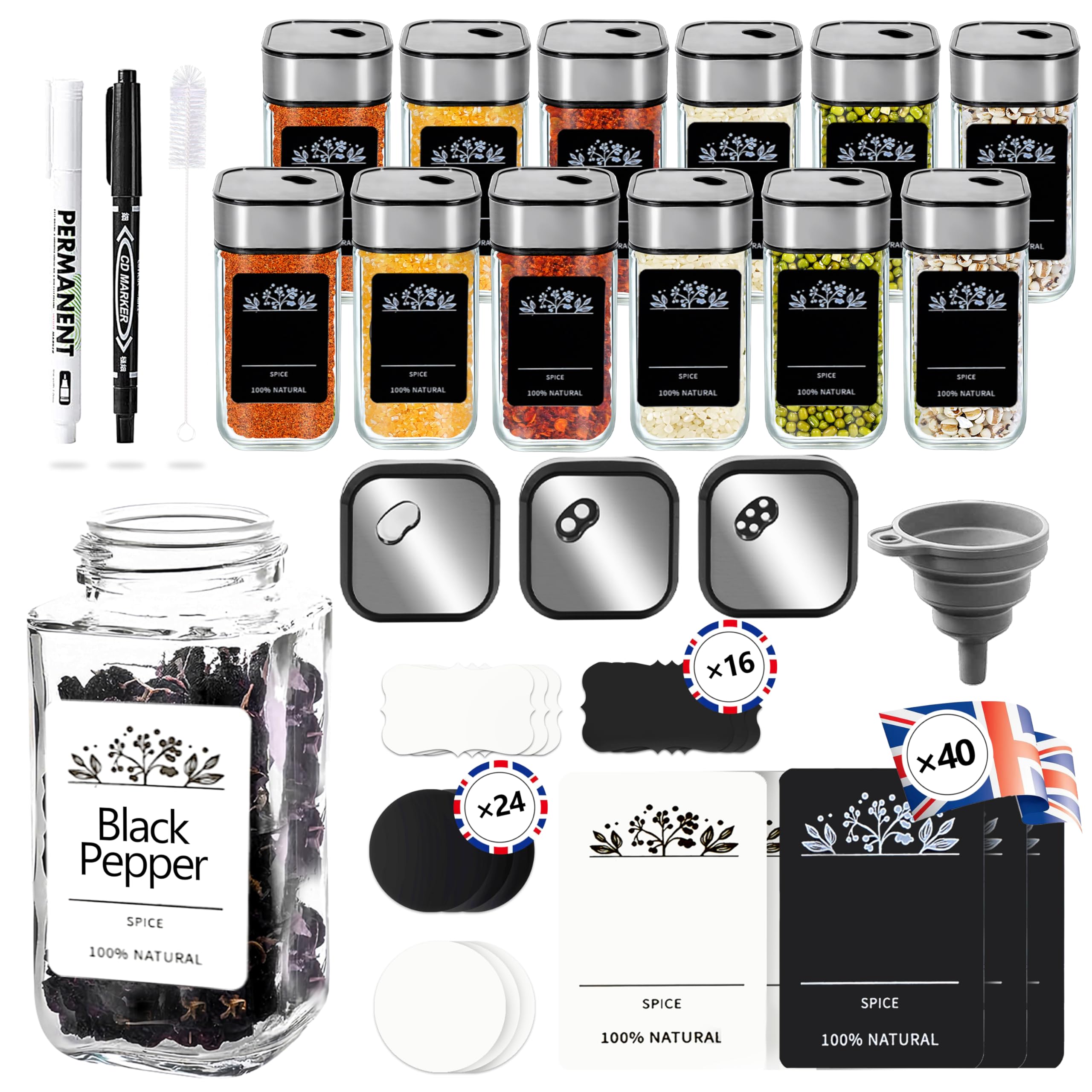 ROSNONG 12 Glass Spice Jars, 4oz Square Spice Jars with Label, Spice ...