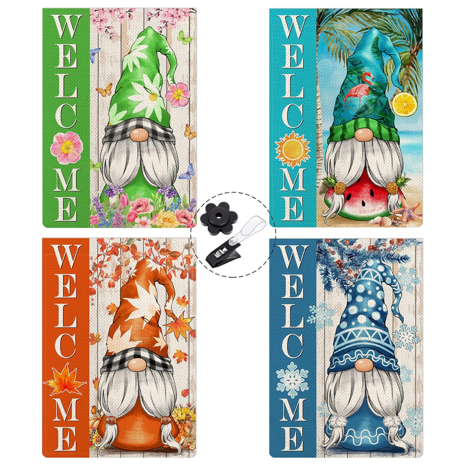 4Pcs Seasonal Welcome Gnome Garden Flag Set Hello Spring Summer Fall ...