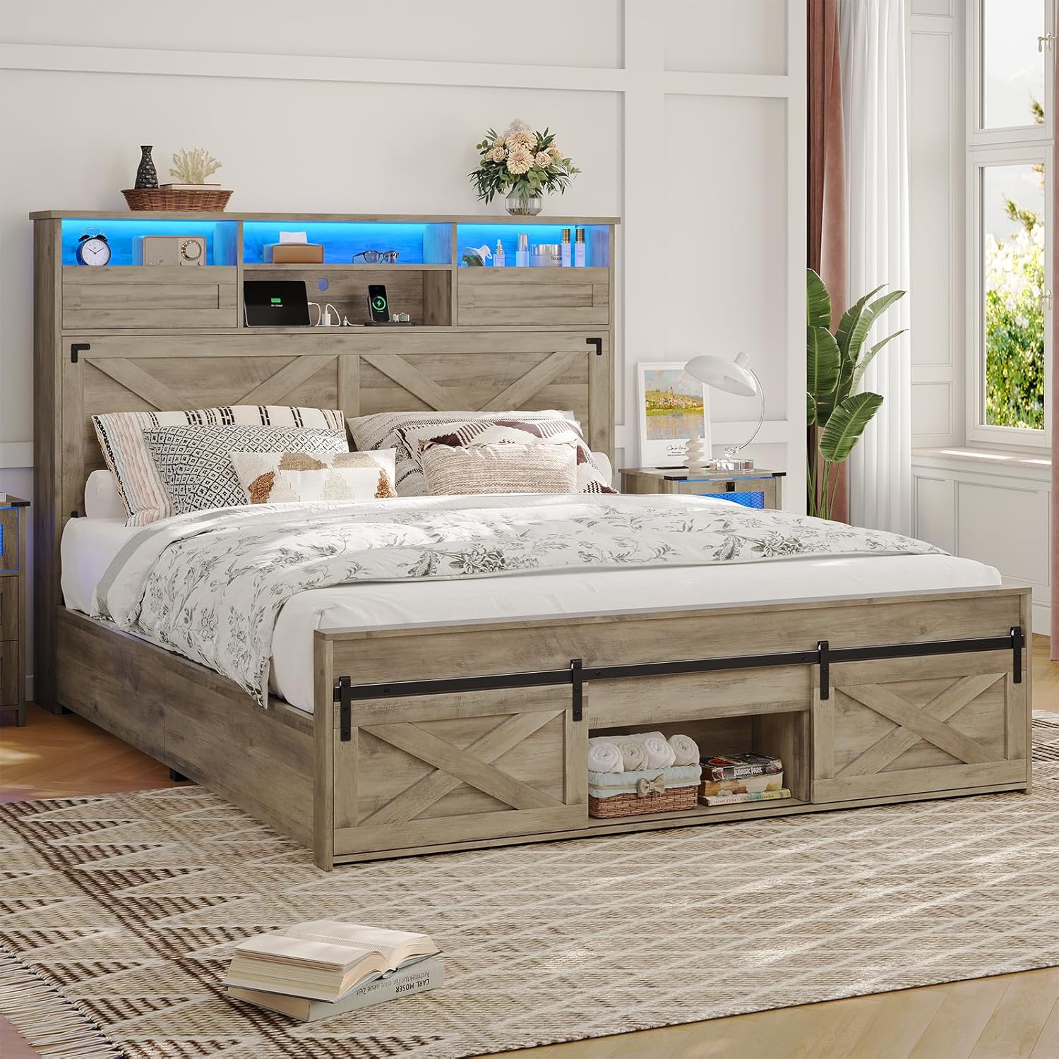 Amazon.com: Hasuit Farmhouse Bed Frame Queen Size with LED Lights and ...