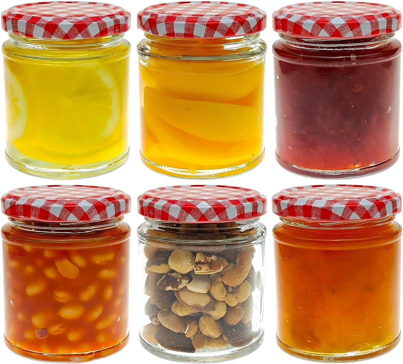 Cos Glass Paneled Round Jam Jars + Red Gingham Lids: 190ml - Pack Of 12 ...