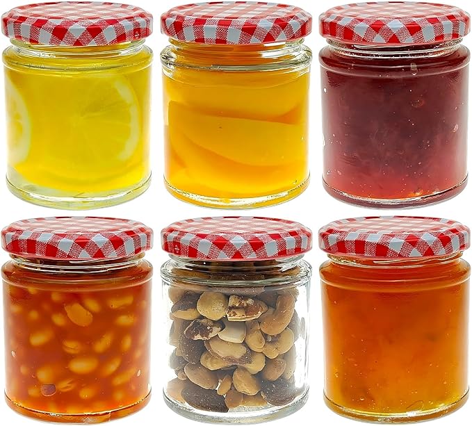 COS Glass Paneled Round Jam Jars + Red Gingham Lids: 190ml - Pack Of 12 ...