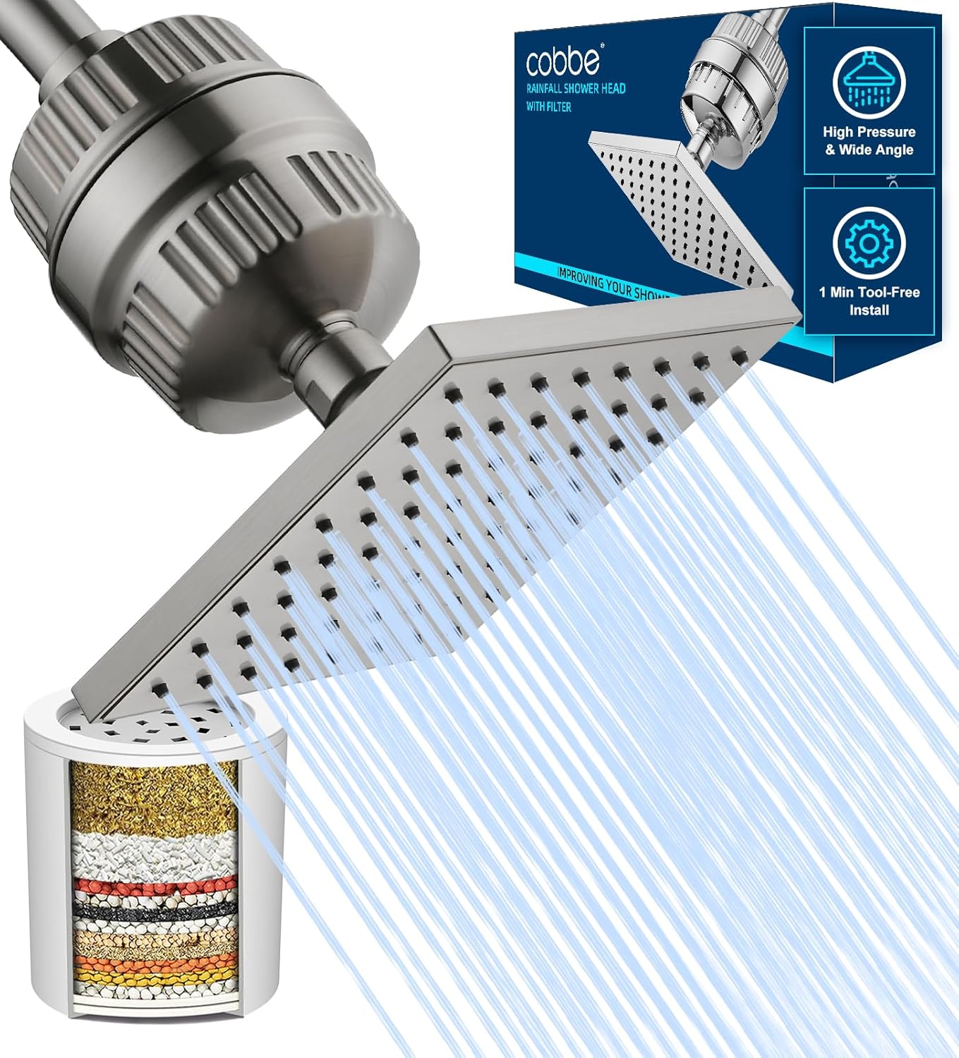 Cobbe High Pressure Filtered Shower Head Combo, Rain Shower Head with ...