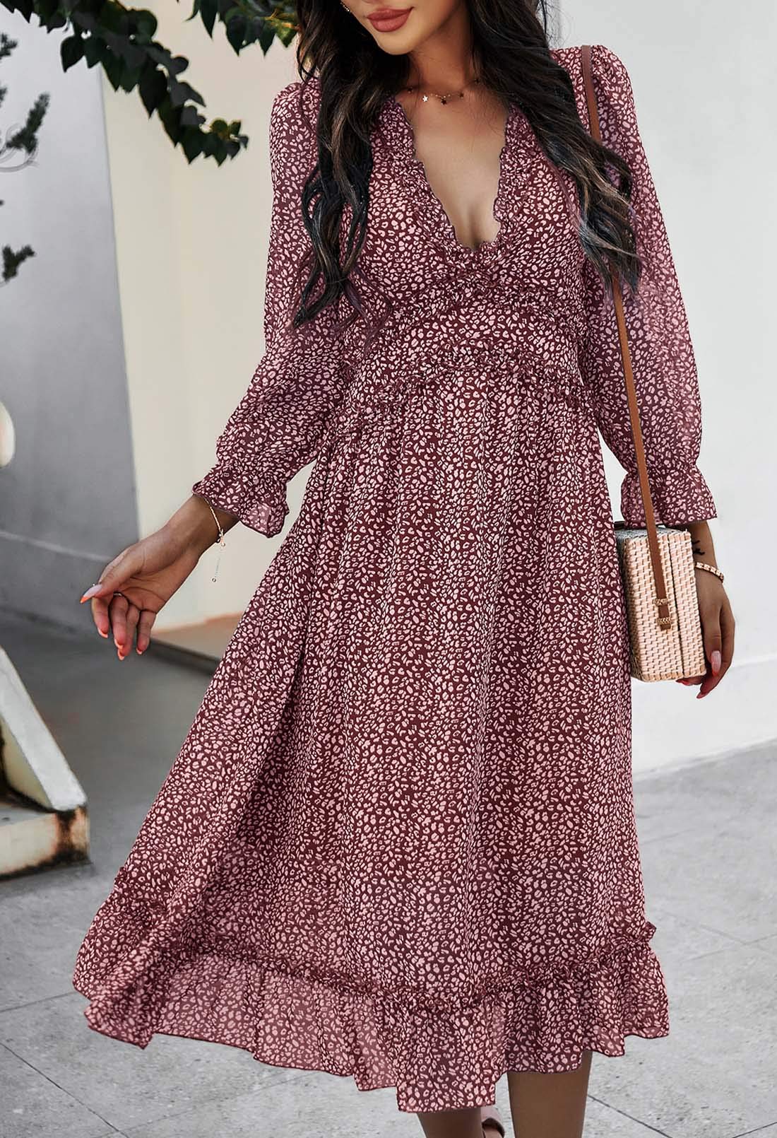 Women's V Neck Floral Boho Midi Dress Flowy Flounce Long Sleeve Tunic ...